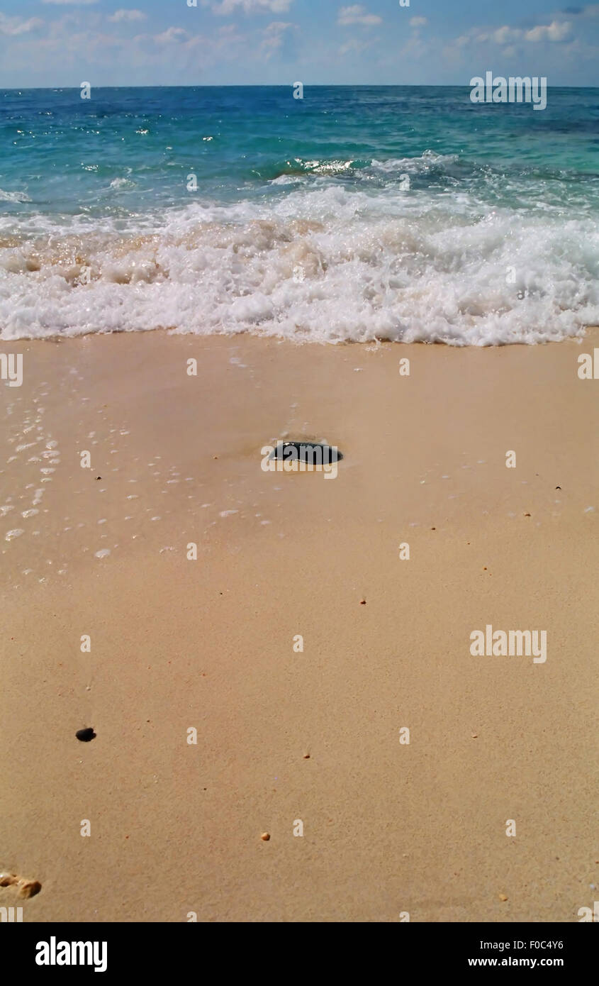 Stone in the sand and the wave behind it Stock Photo - Alamy