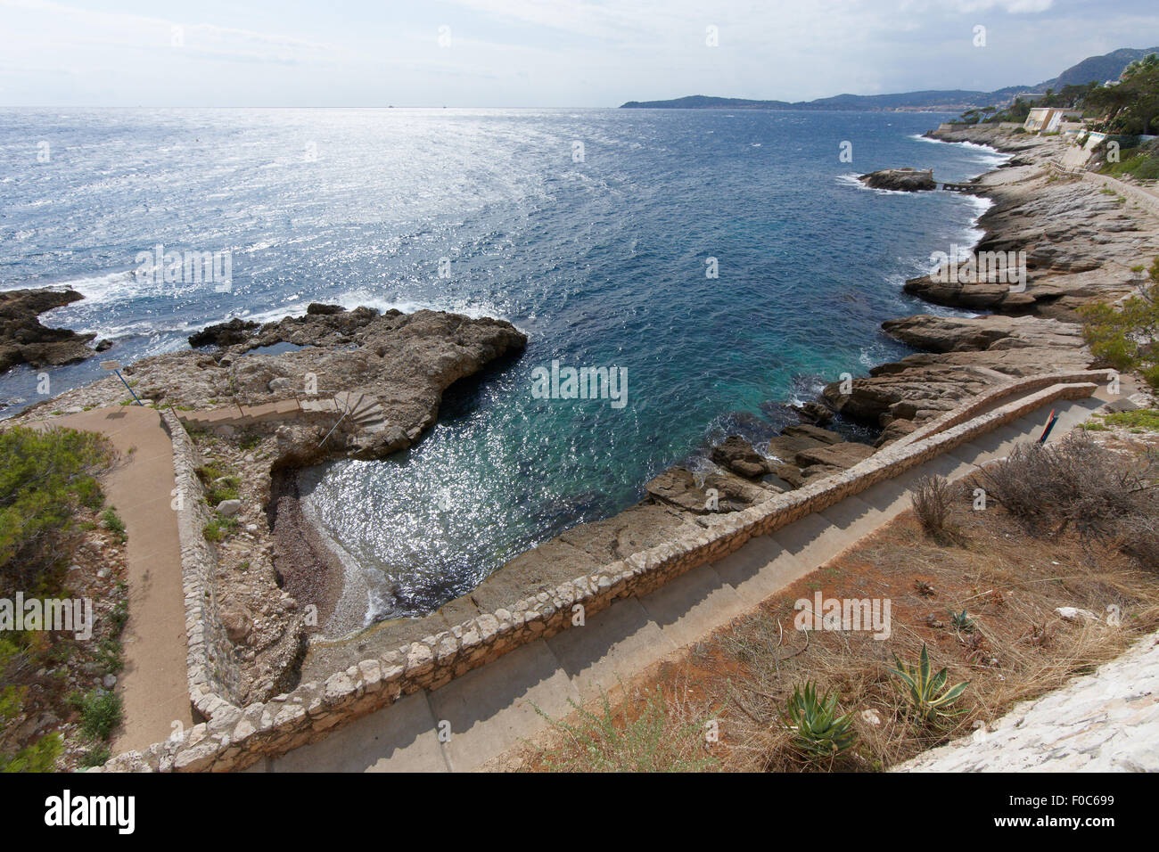 The path along the ladder shores of the Mediterranean in France, Cap-D ...