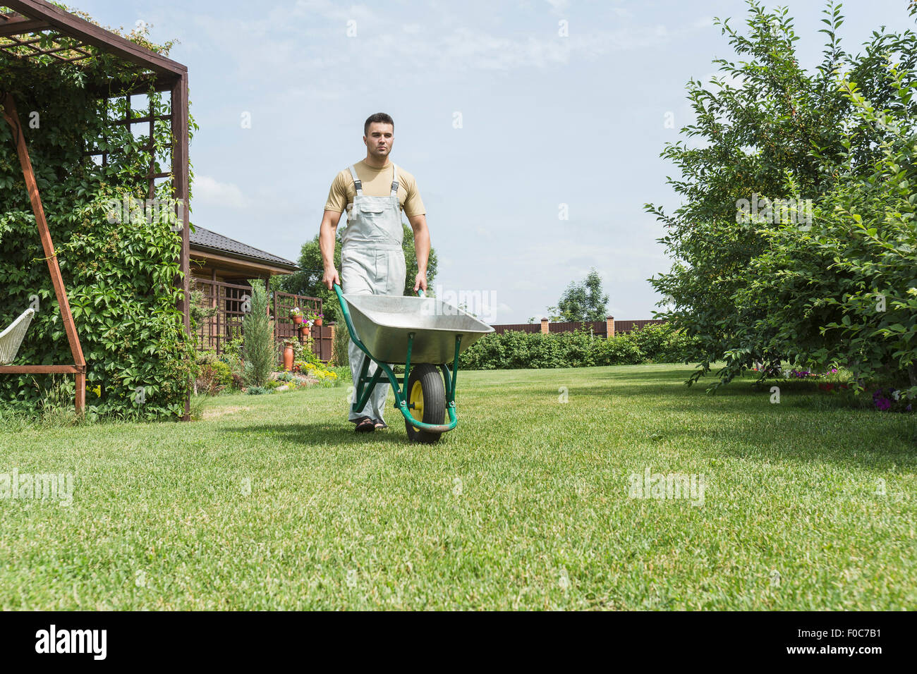 Young man walking with wheelbarrow in backyard Stock Photo - Alamy