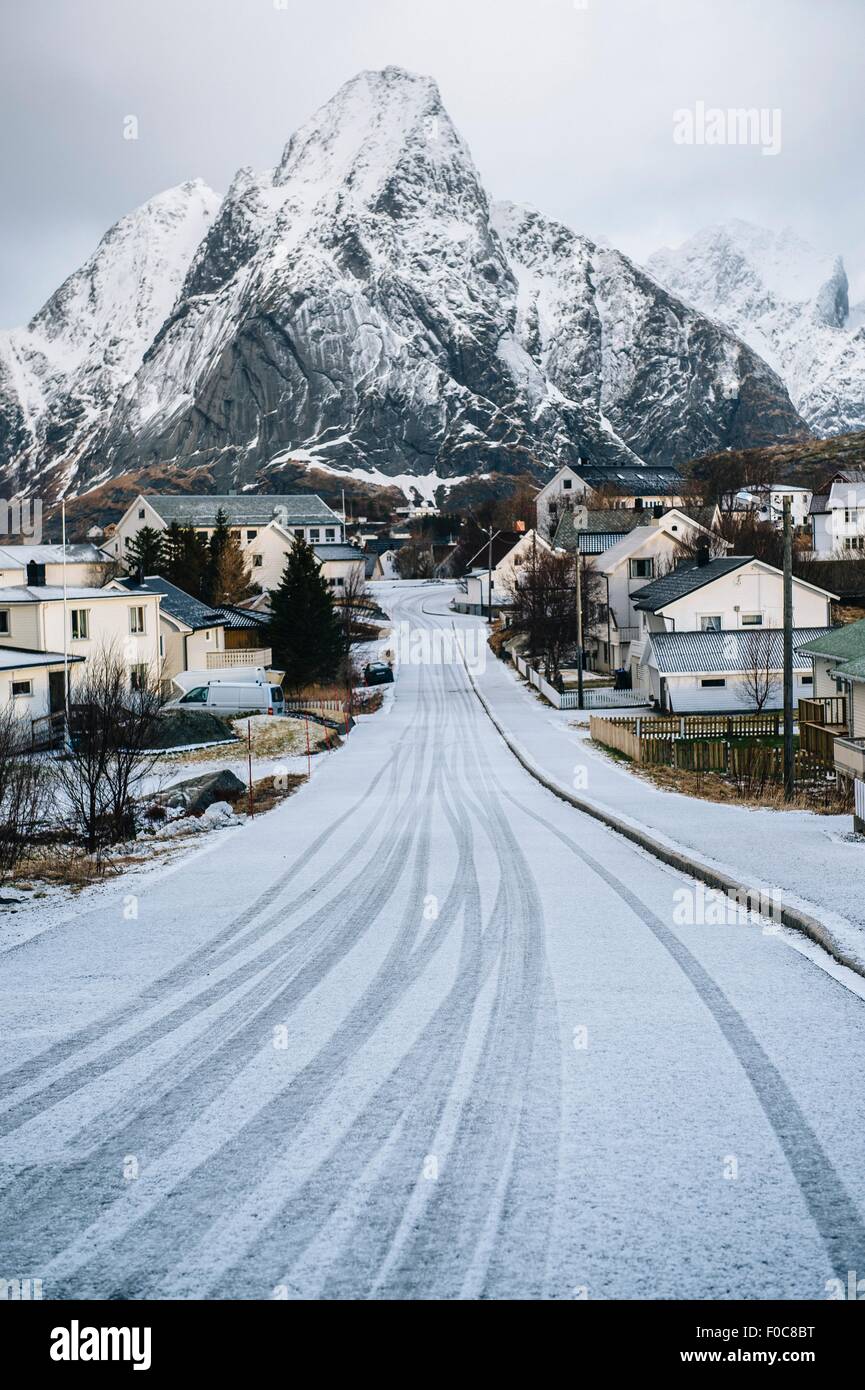 Snow covered road through Reine, Lofoten, Norway Stock Photo - Alamy