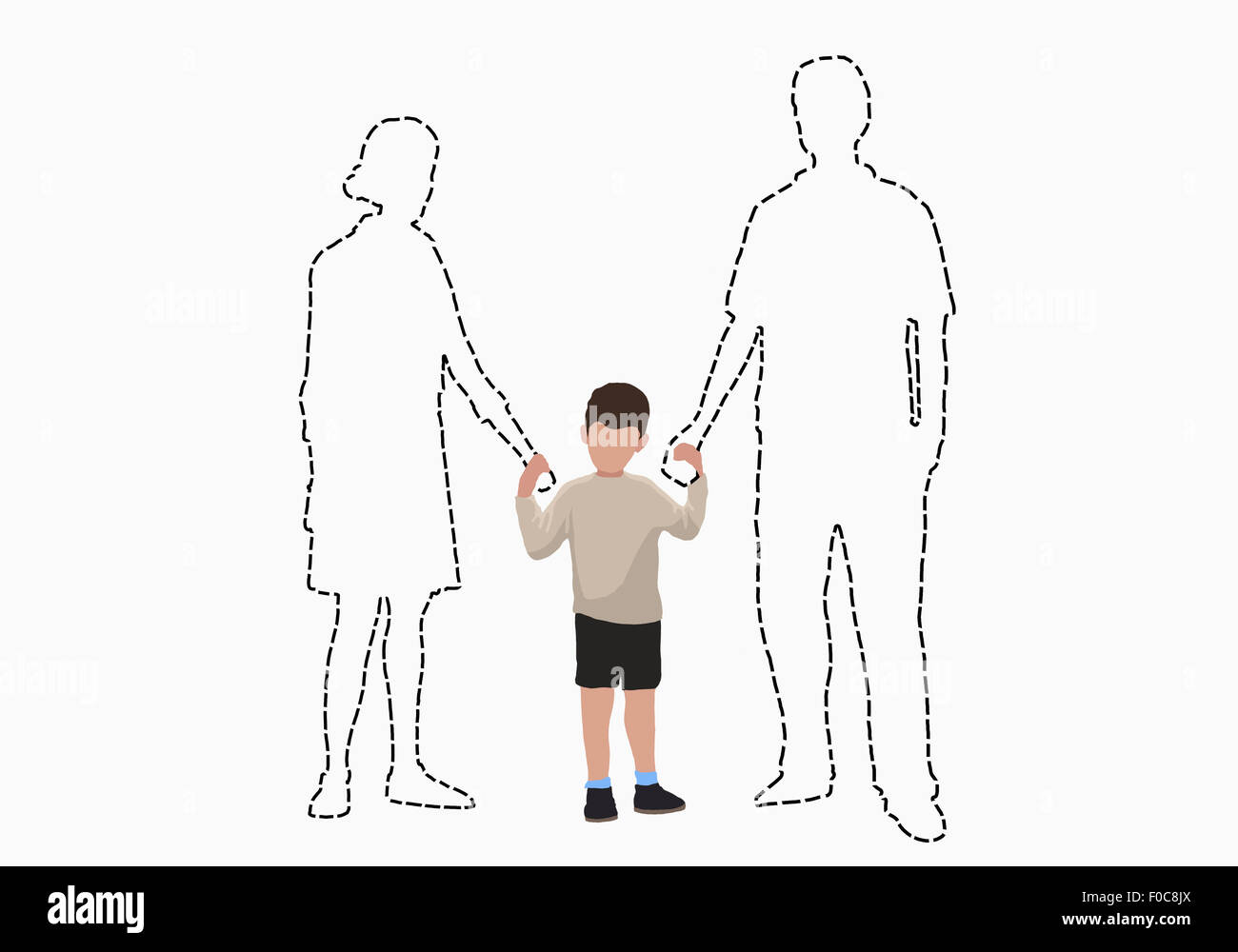 Illustrative image of boy holding hands of missing parents over white ...