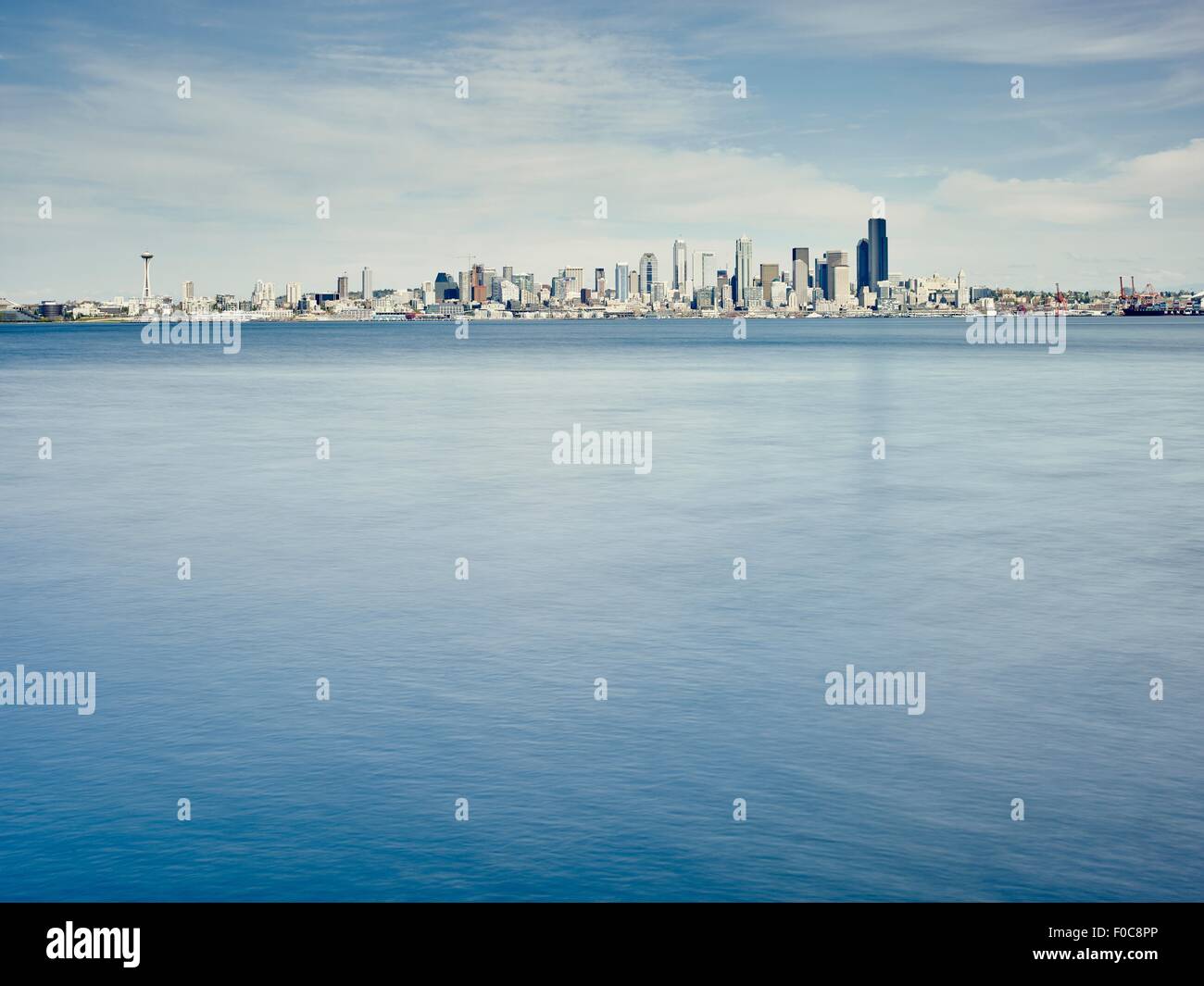 Distant view of skyline over Puget Sound, Seattle, Washington State ...