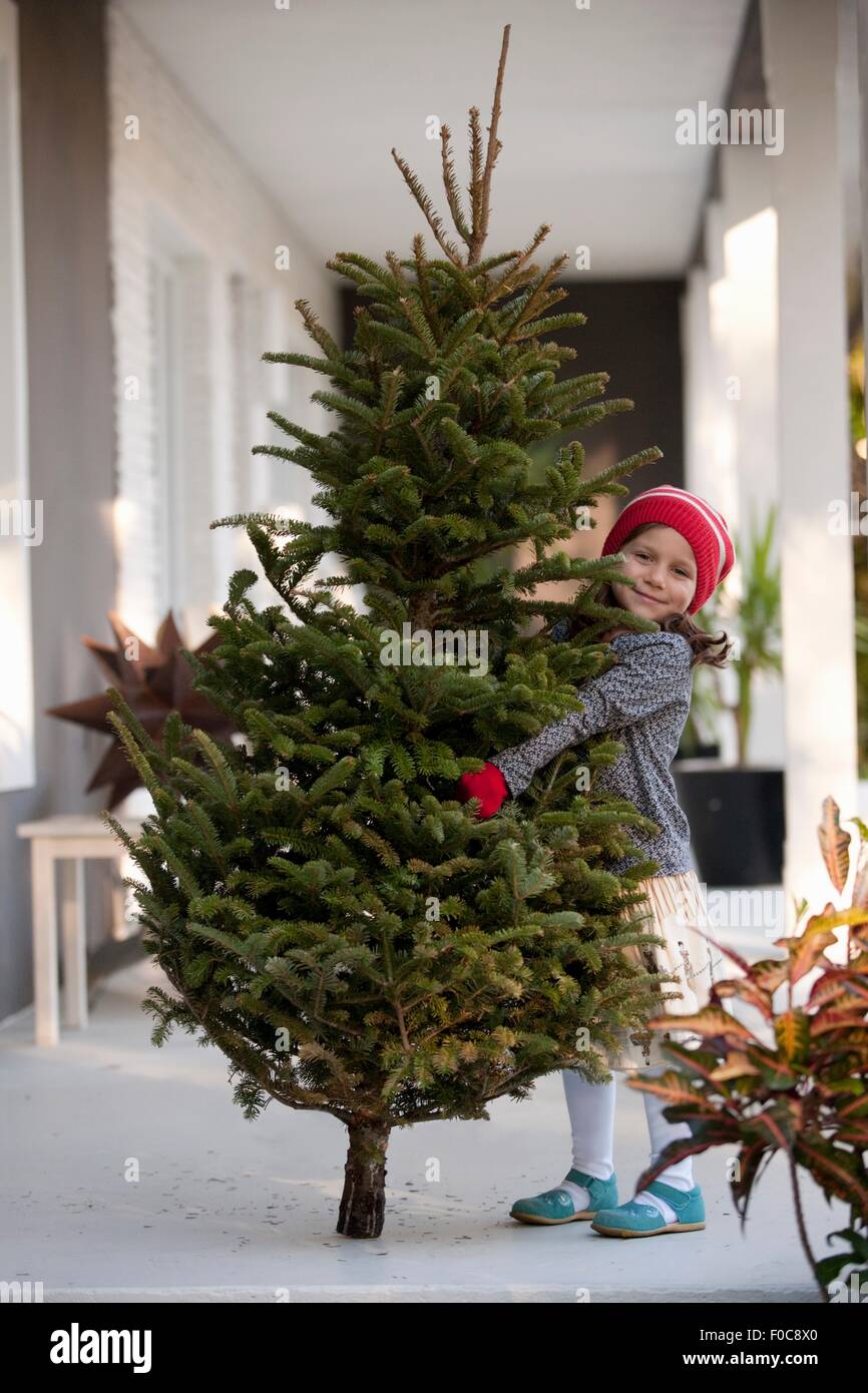 Girl carrying a christmas tree Stock Photo - Alamy