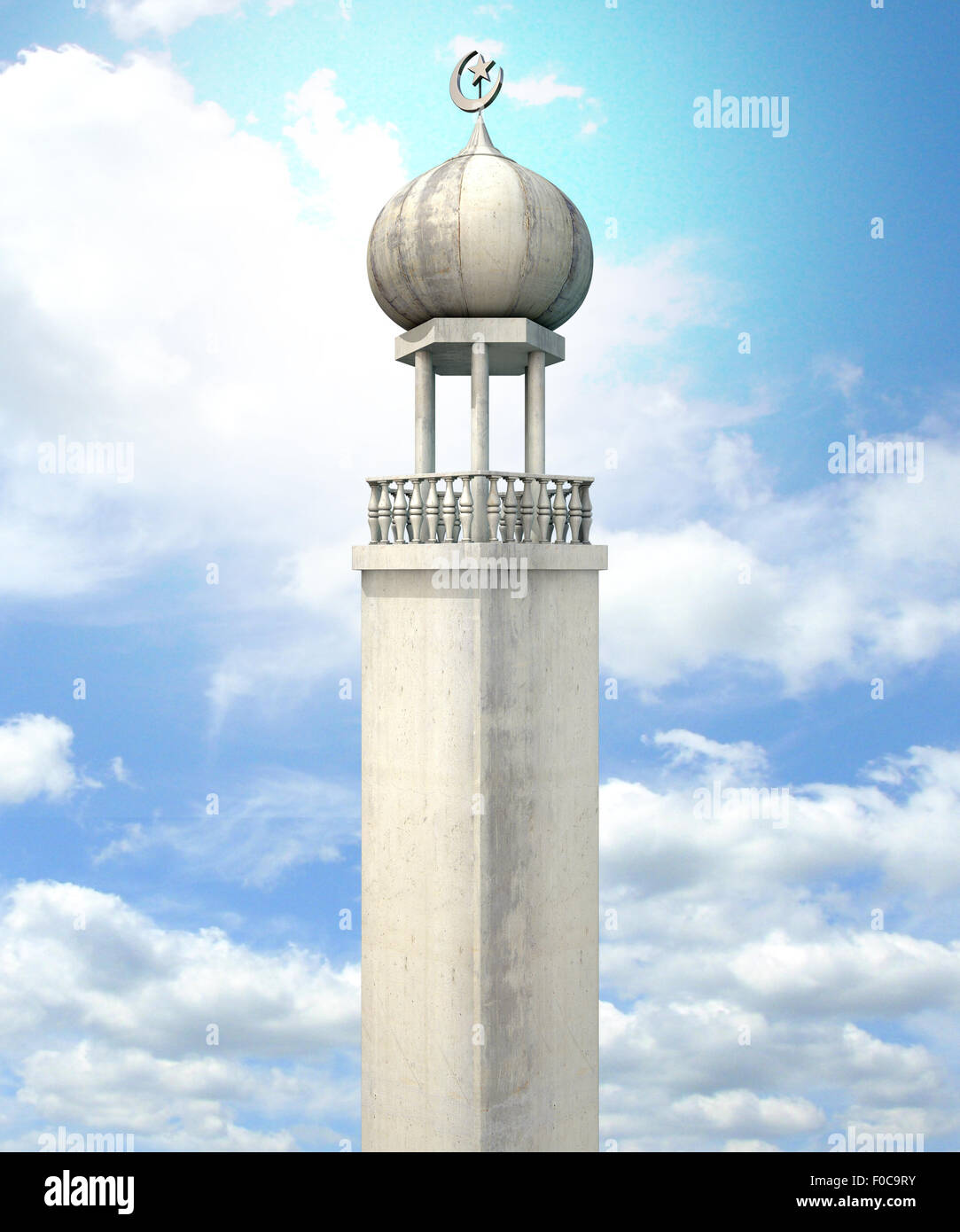 A mosque minaret with a cupola dome and an islamic crescent moon and ...