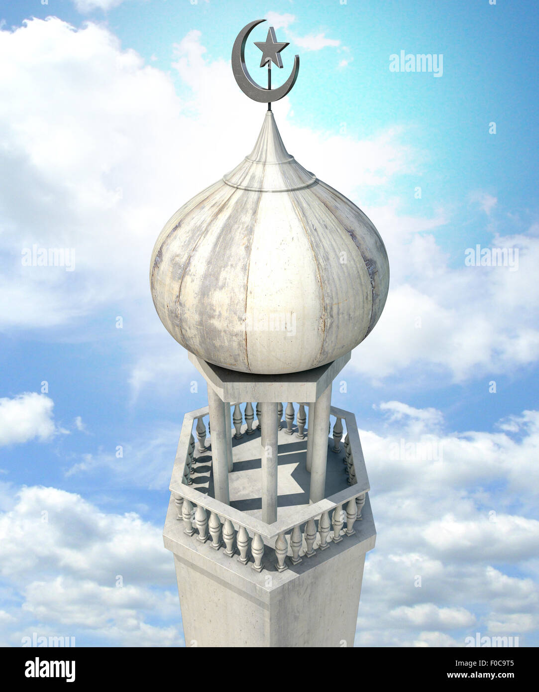 A mosque minaret with a cupola dome and an islamic crescent moon and ...