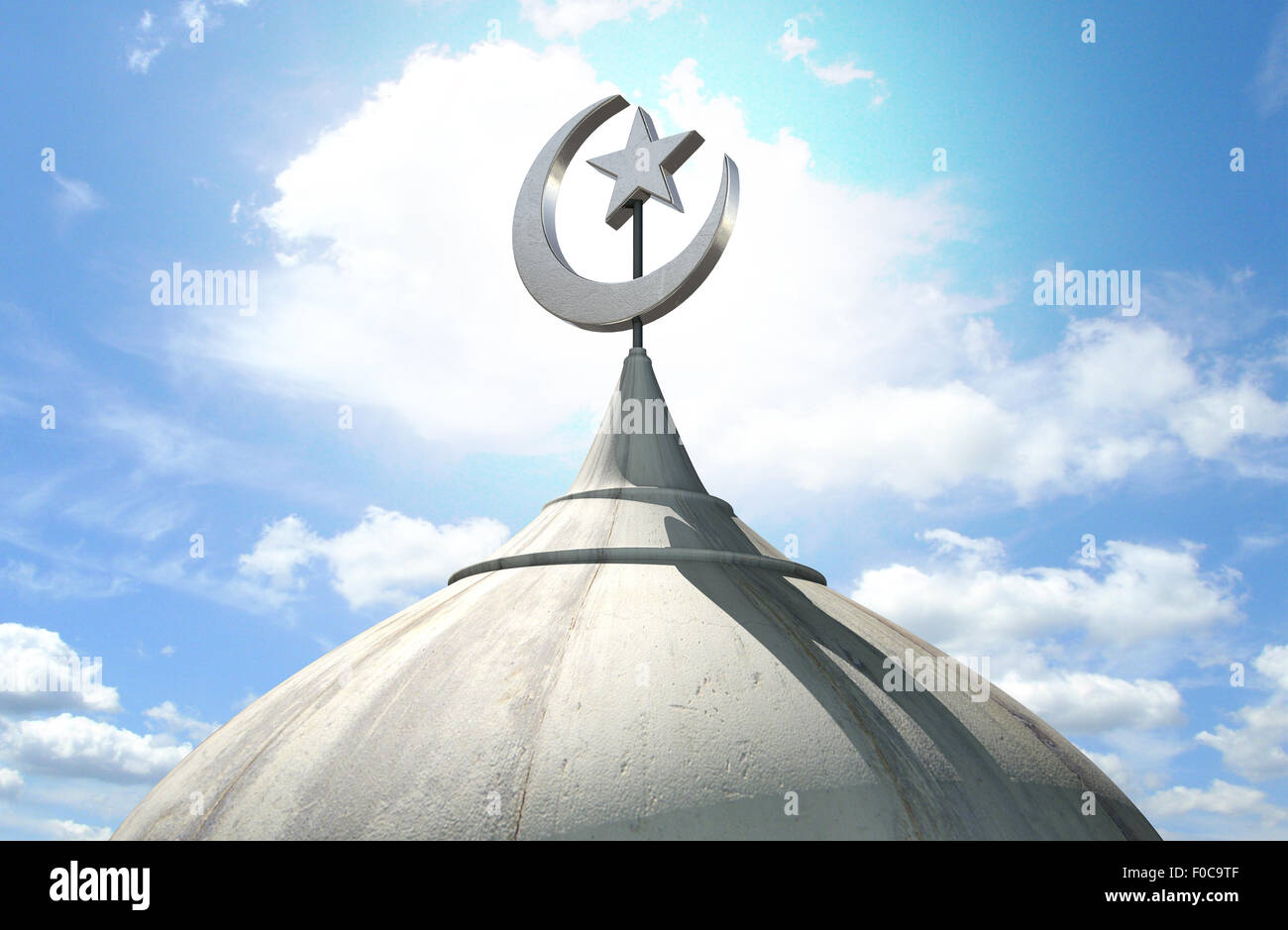 A closeup of the top of a mosque minaret with a cupola dome and an ...