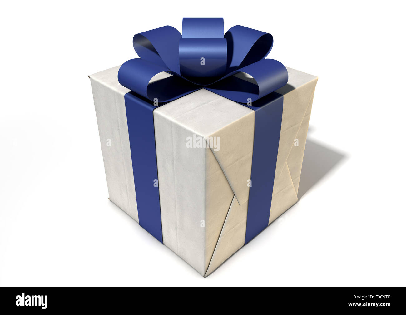 A cube shaped parcel box wrapped in brown paper and a bue ribbon and ...