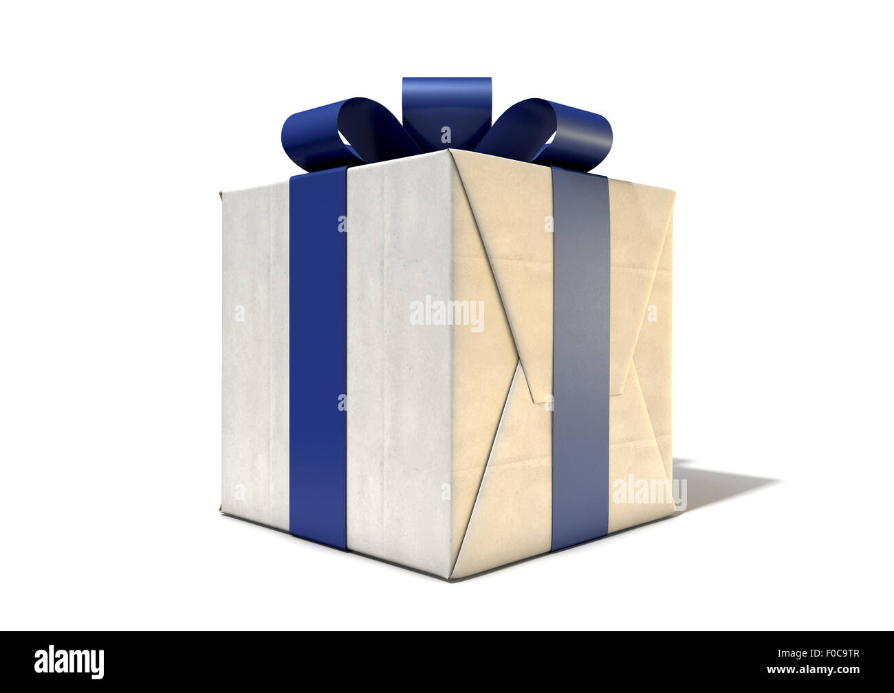 A cube shaped parcel box wrapped in brown paper and a bue ribbon and ...