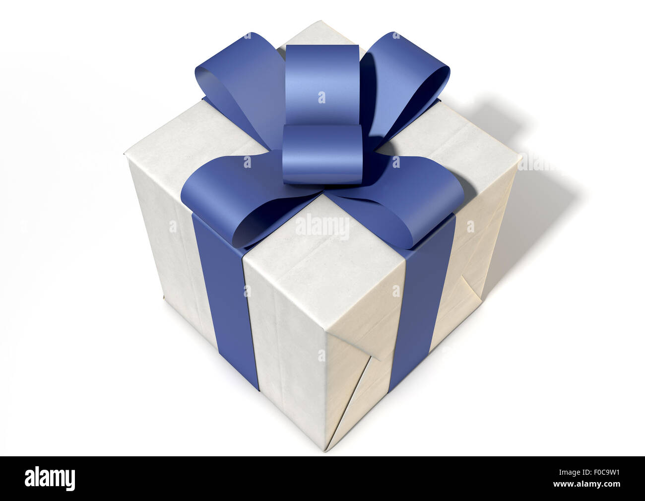 A cube shaped parcel box wrapped in brown paper and a bue ribbon and ...