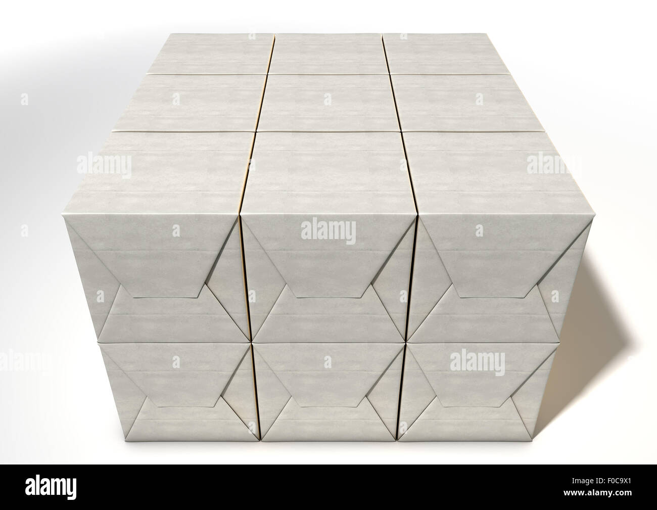 A uniform stack of cube shaped parcel boxes wrapped in brown paper on ...