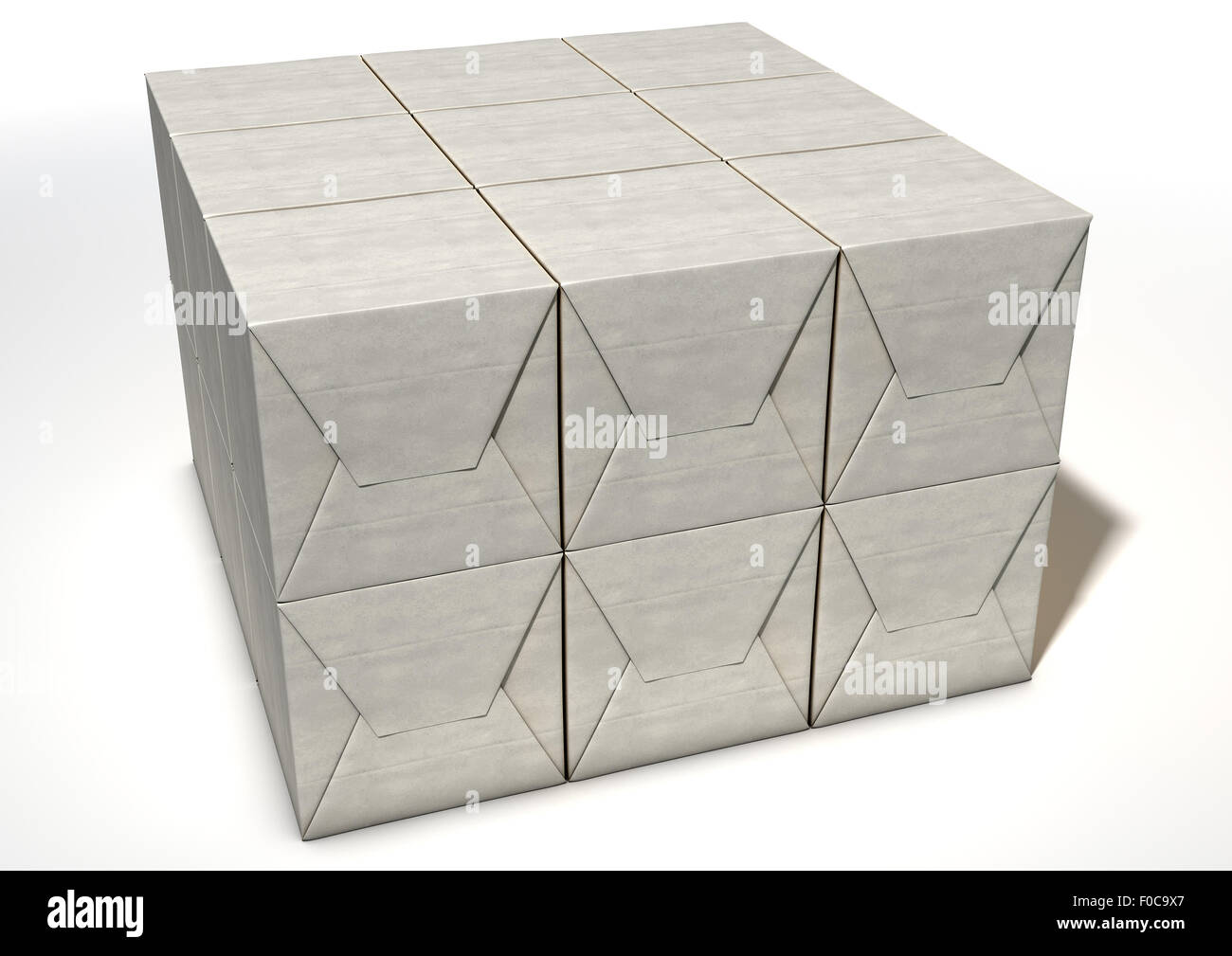 A uniform stack of cube shaped parcel boxes wrapped in brown paper on ...