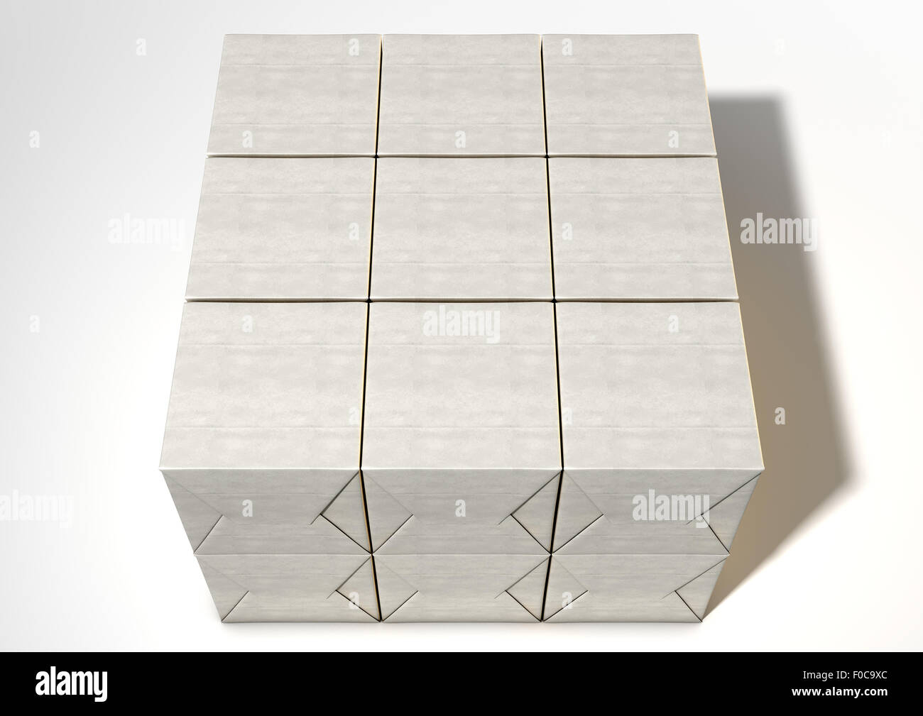 A uniform stack of cube shaped parcel boxes wrapped in brown paper on ...