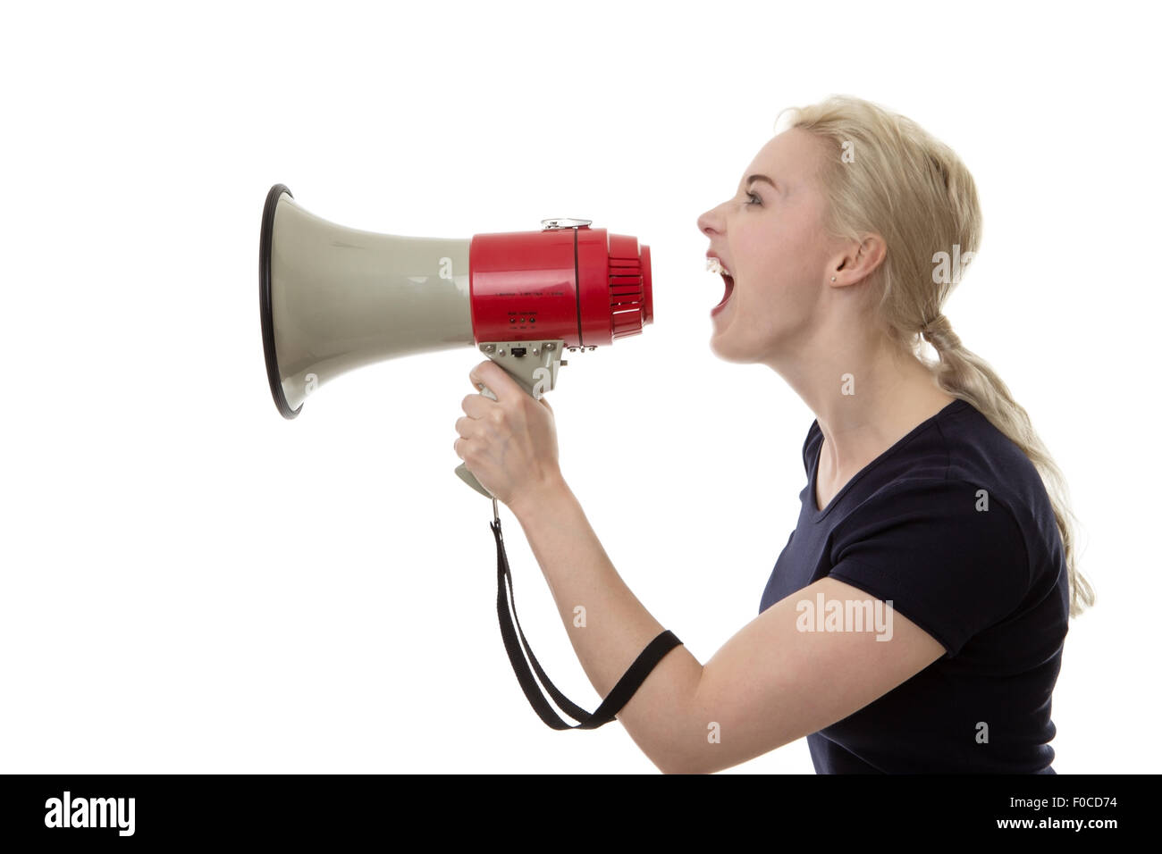 woman shouting down a loud speaker Stock Photo - Alamy