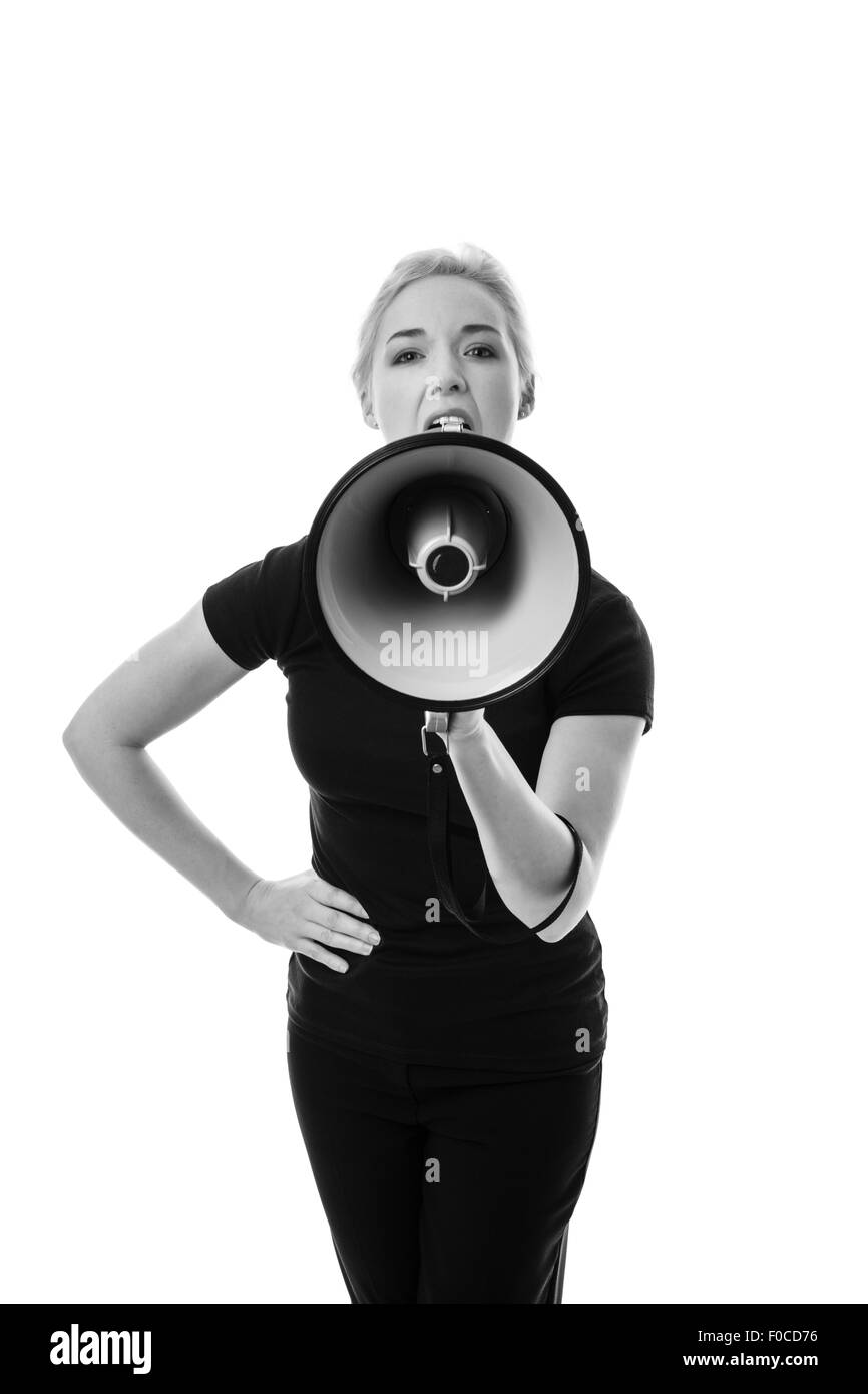 woman shouting down a loud speaker Stock Photo - Alamy