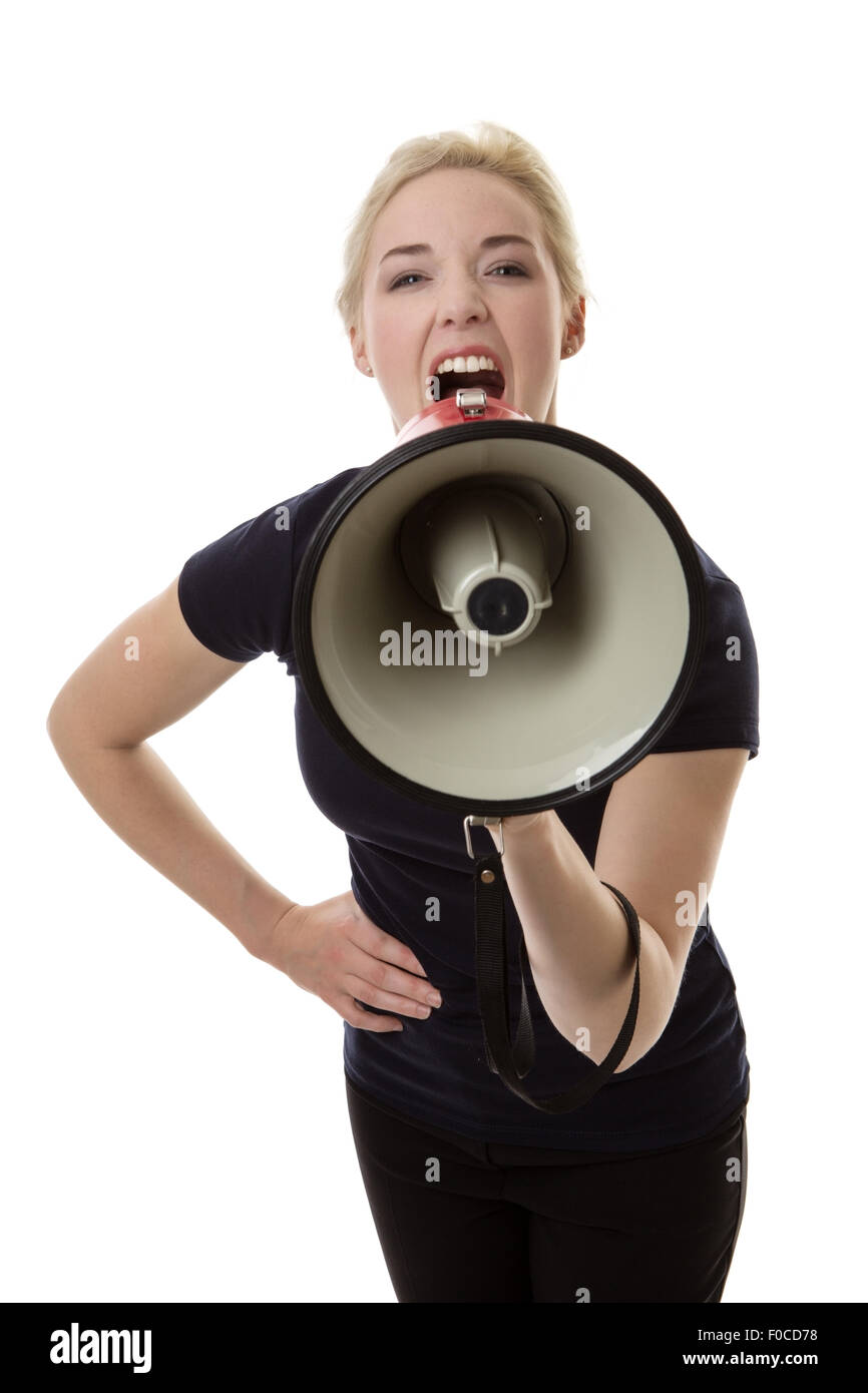 woman shouting down a loud speaker Stock Photo - Alamy