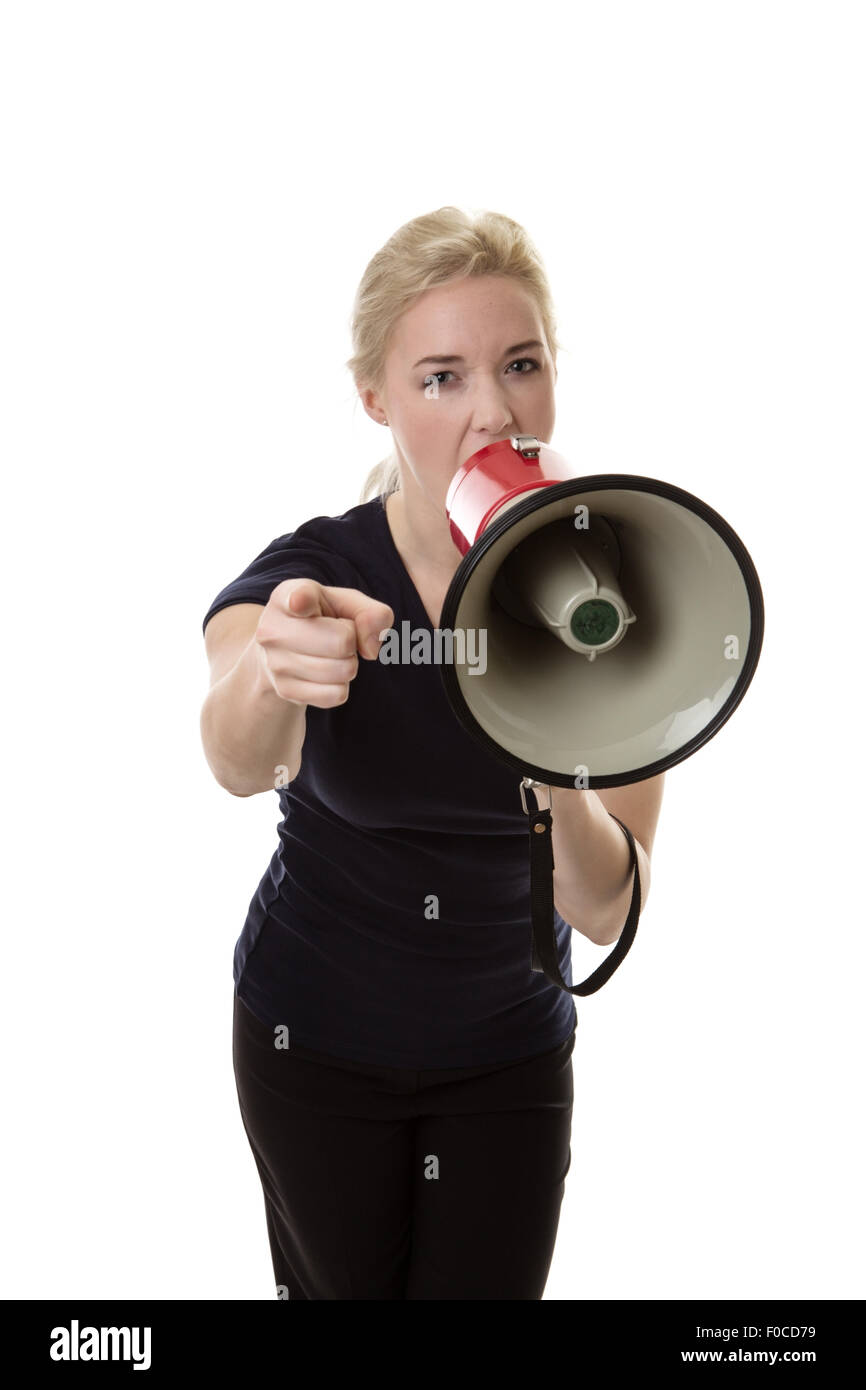 woman shouting down a loud speaker Stock Photo - Alamy