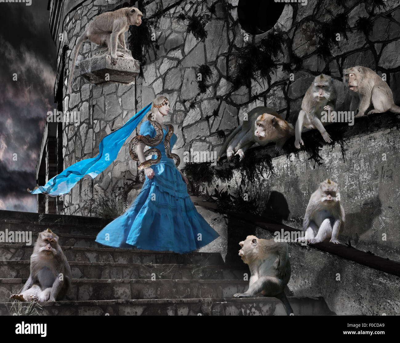 Magic scene- fantastic princess from fairy tale with a tiger on old ...