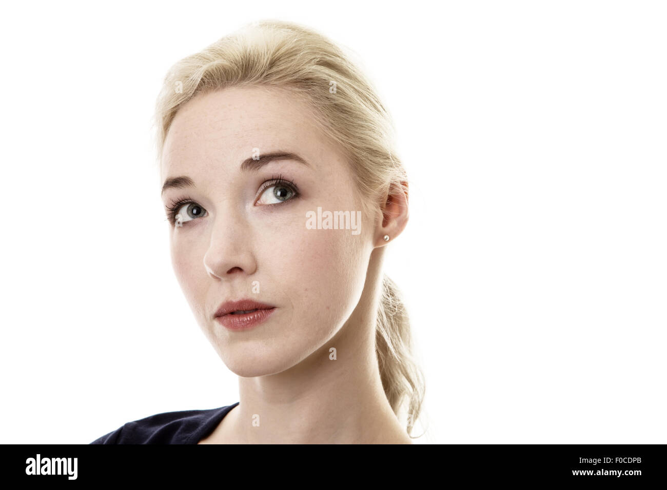 portrait of happy woman looking around her with her eyes Stock Photo ...
