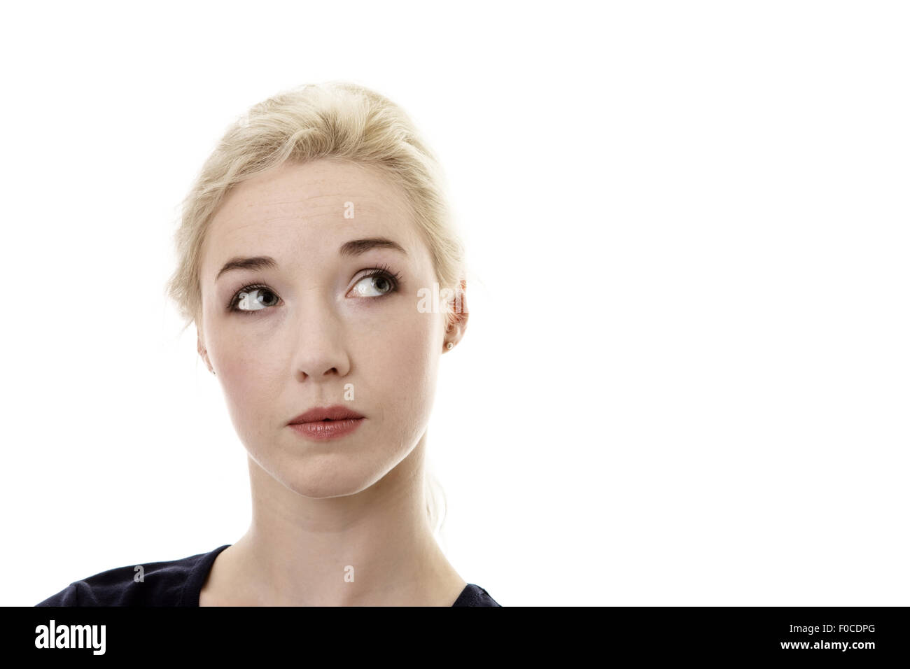 portrait of happy woman looking around her with her eyes Stock Photo ...