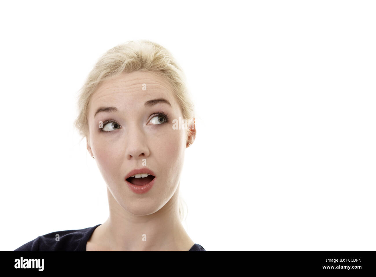 portrait of happy woman looking around her with her eyes Stock Photo ...