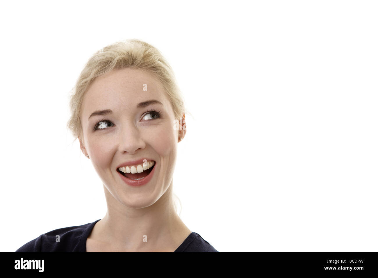 portrait of happy woman looking around her with her eyes Stock Photo ...