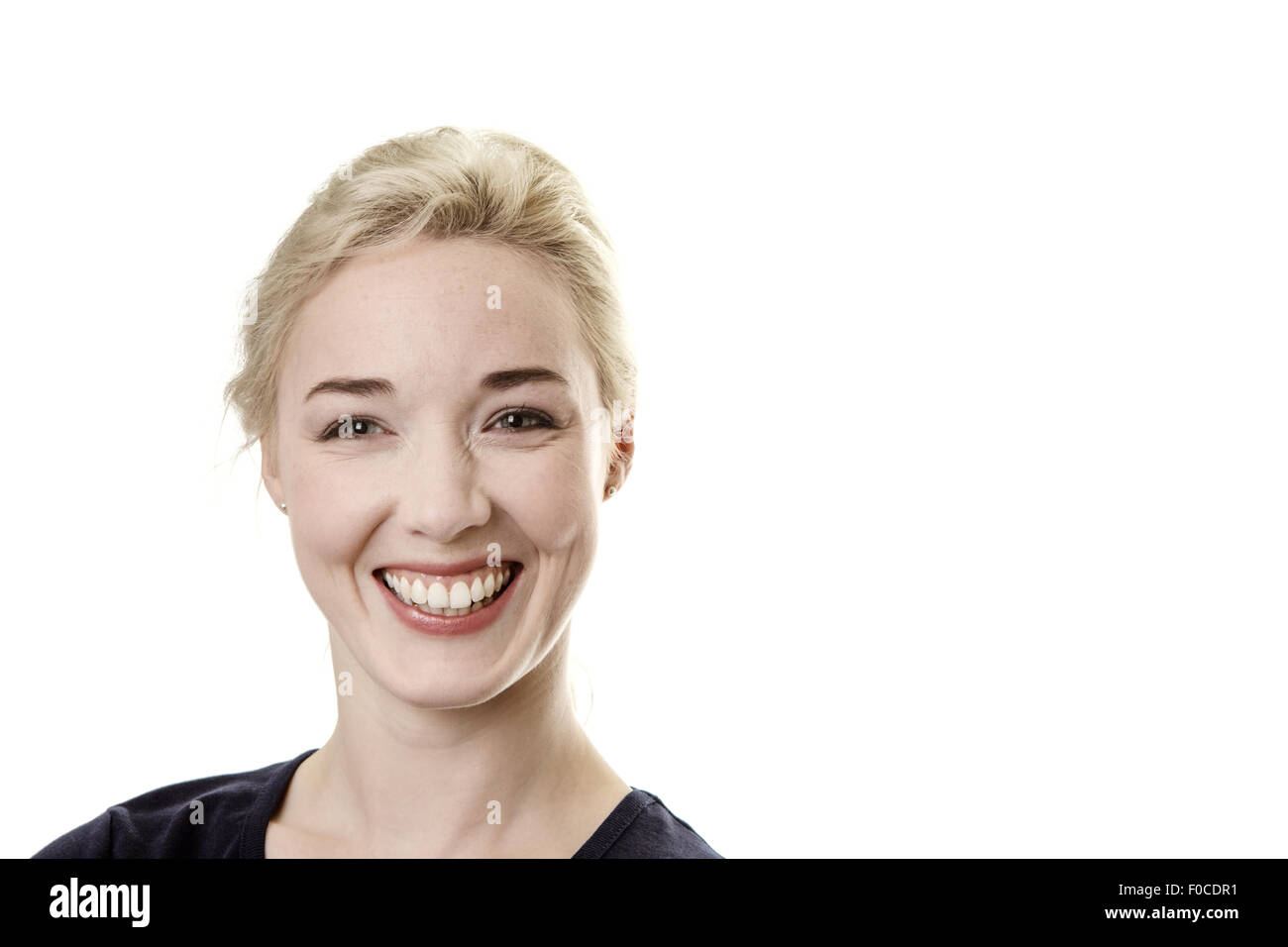 portrait of happy woman looking around her with her eyes Stock Photo ...