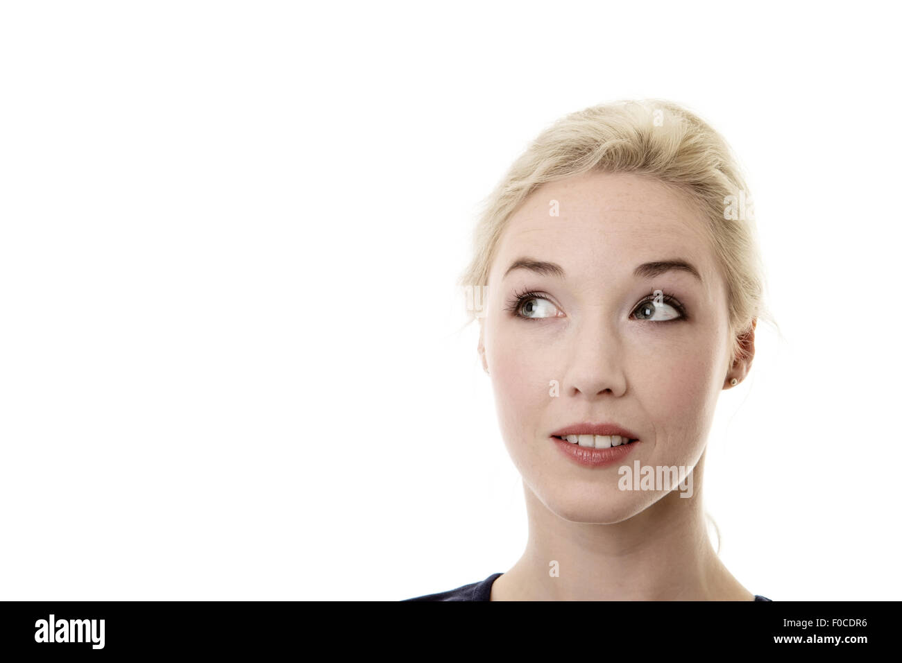 portrait of happy woman looking around her with her eyes Stock Photo ...