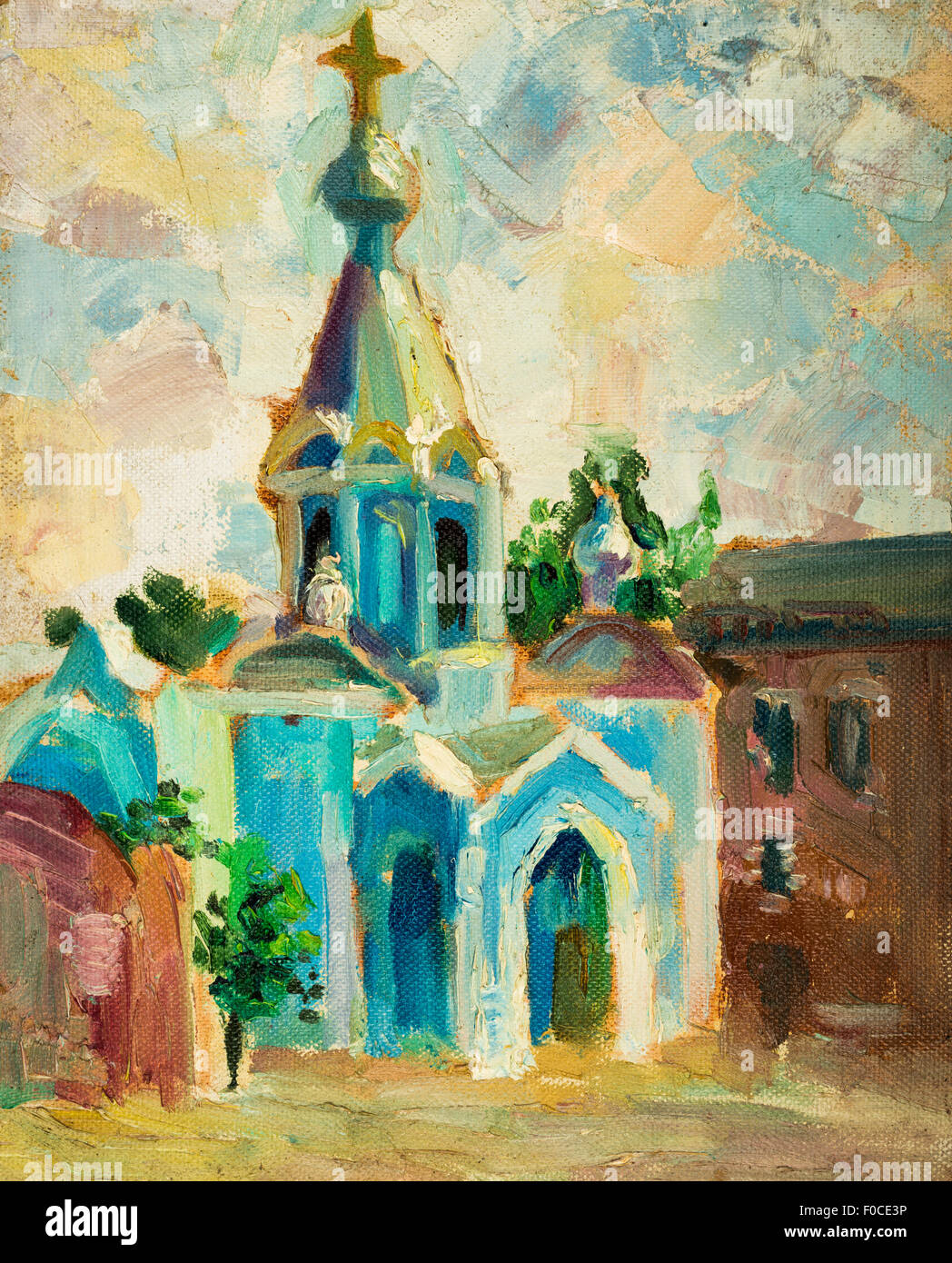 Oil painting on canvas. Old Church Stock Photo - Alamy