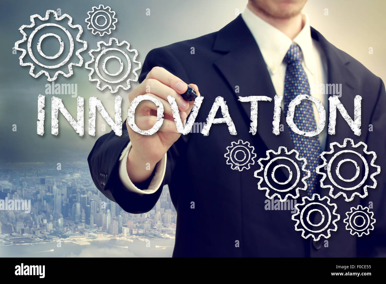 Business Man Drawing Innovation Concept with Gears Stock Photo - Alamy