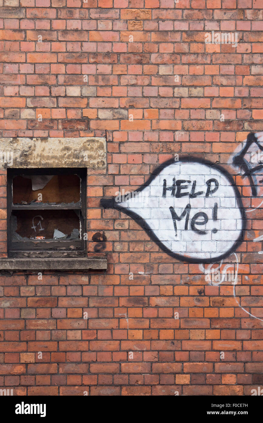 'Help Me!" graffiti words in speech bubble next to coming from broken ...