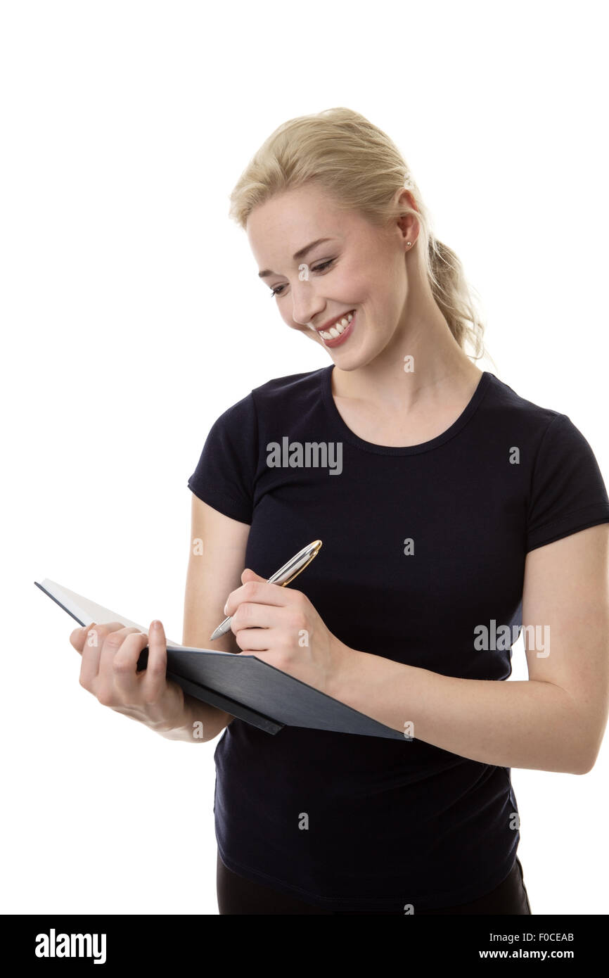 happy standing businesswoman taking notes Stock Photo - Alamy