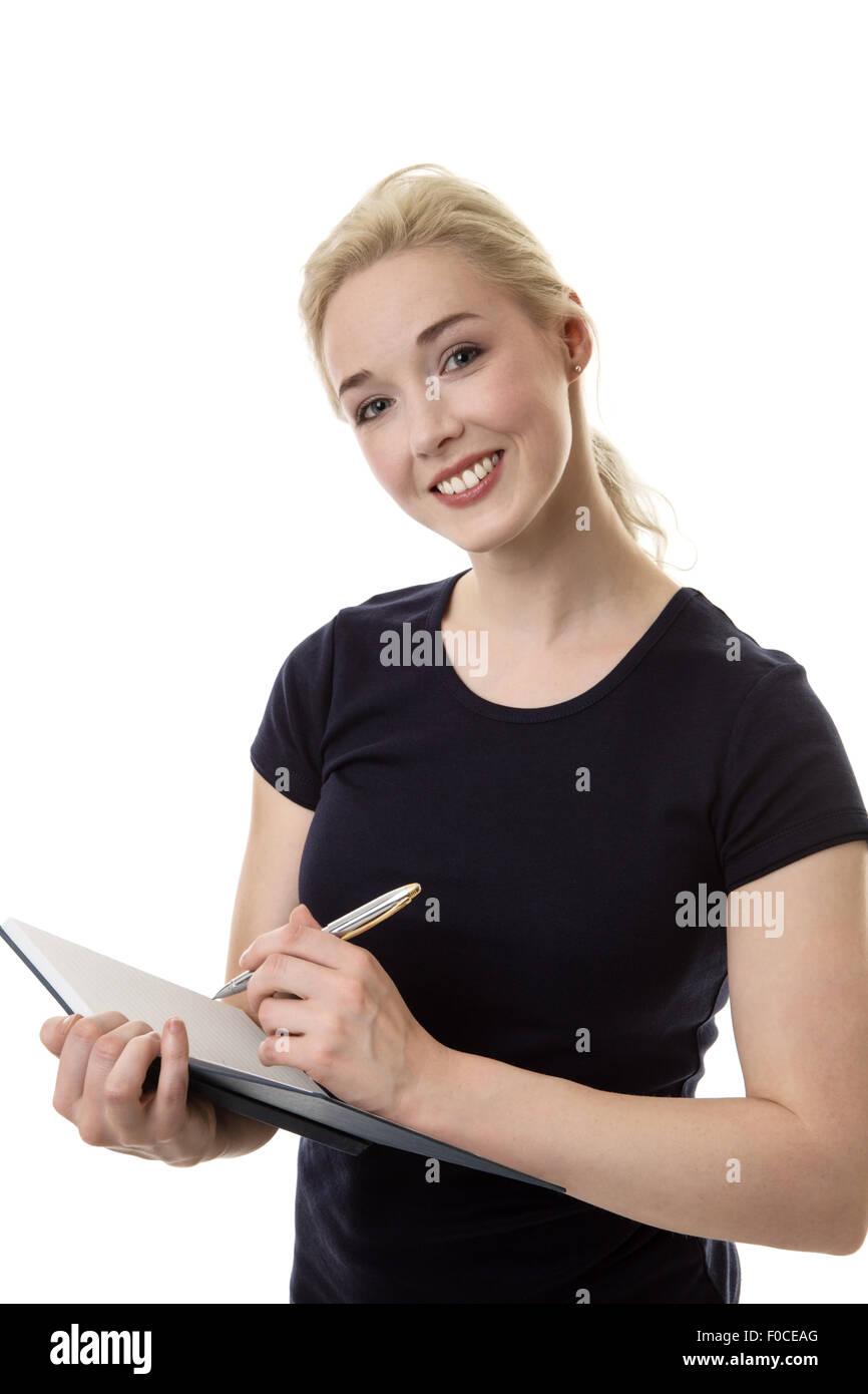 happy standing businesswoman taking notes Stock Photo - Alamy