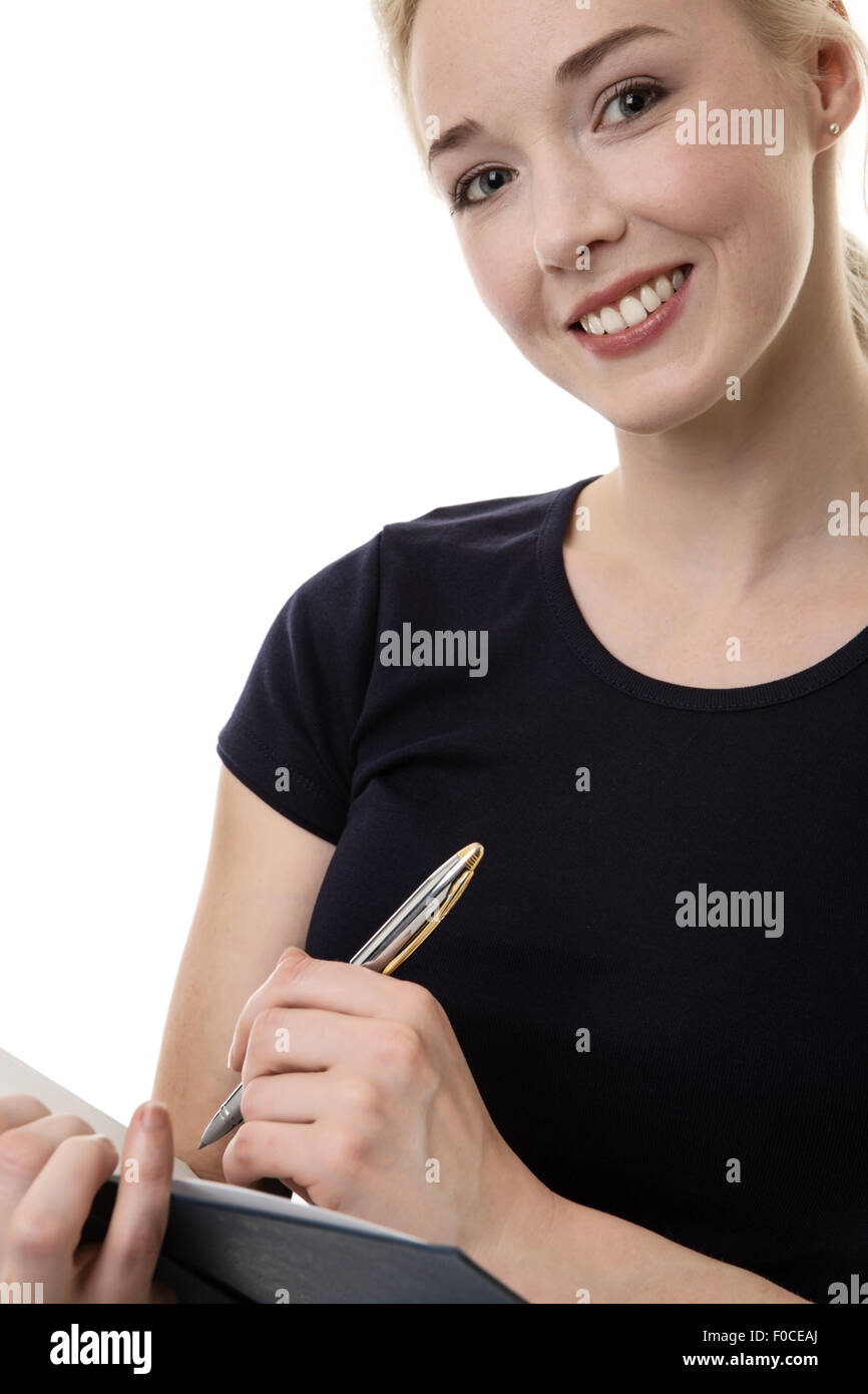 happy standing businesswoman taking notes Stock Photo - Alamy