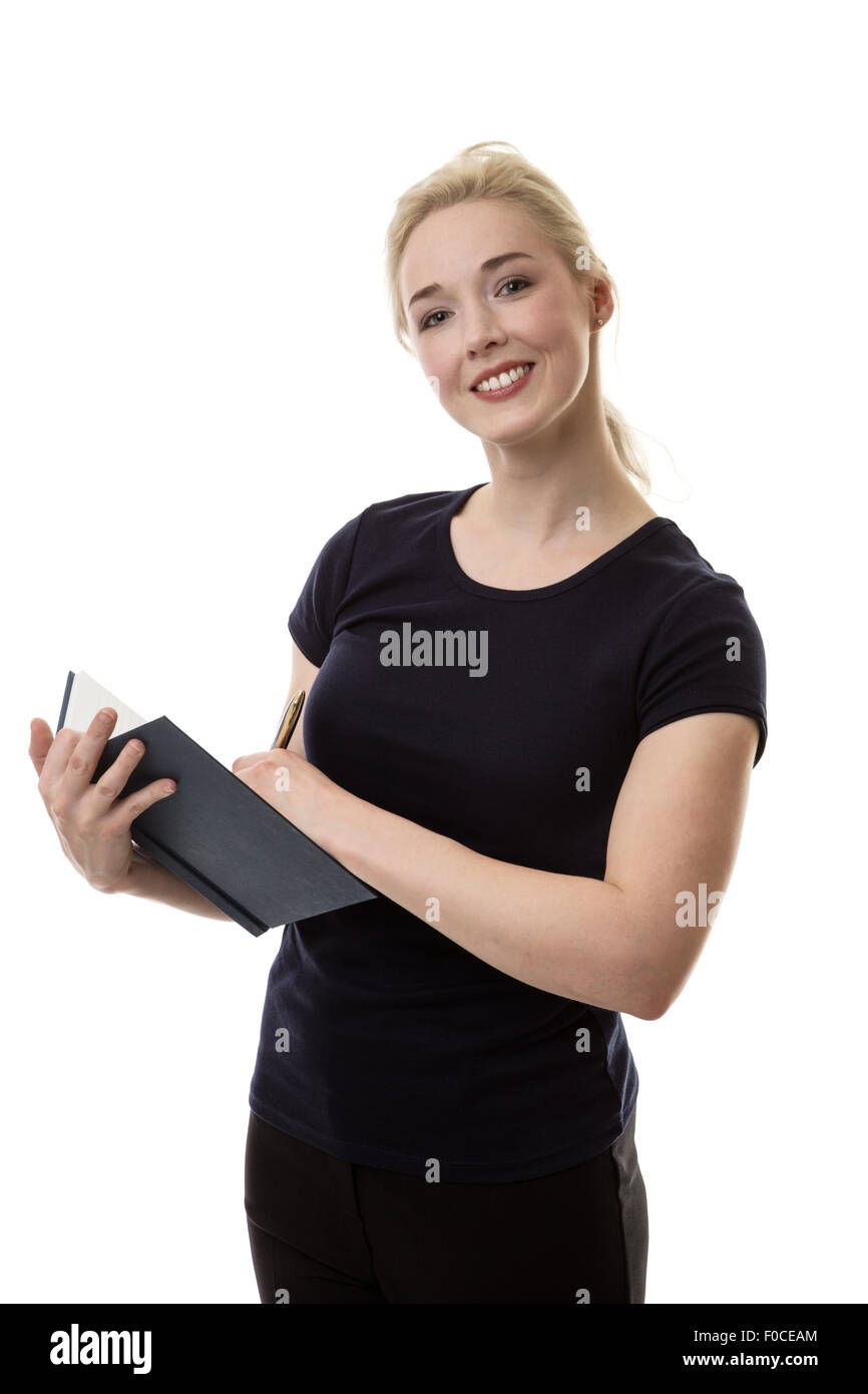 happy standing businesswoman taking notes Stock Photo - Alamy