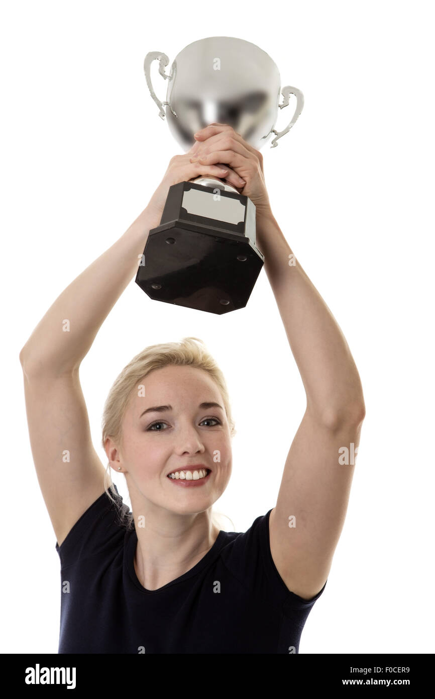 standing happy business woman holding a large trophy Stock Photo - Alamy