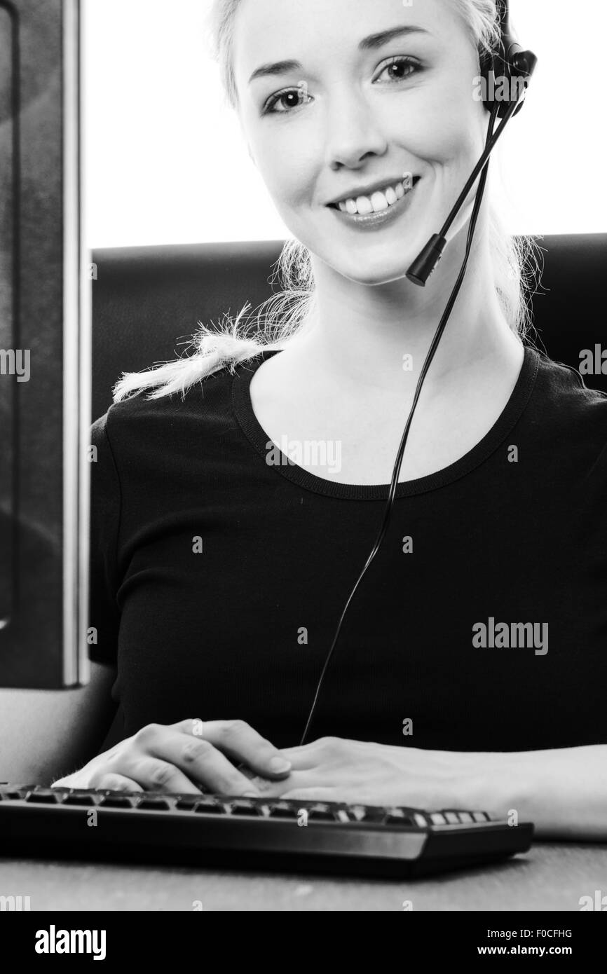 Call center worker female customer Black and White Stock Photos ...