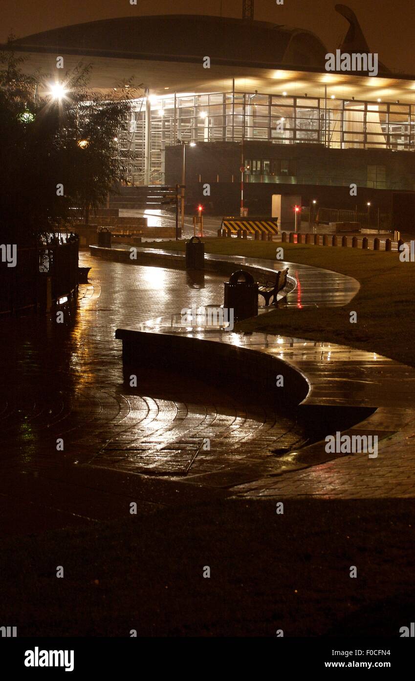 Night shot of the Senedd, part of the devolved "National Assembly for ...