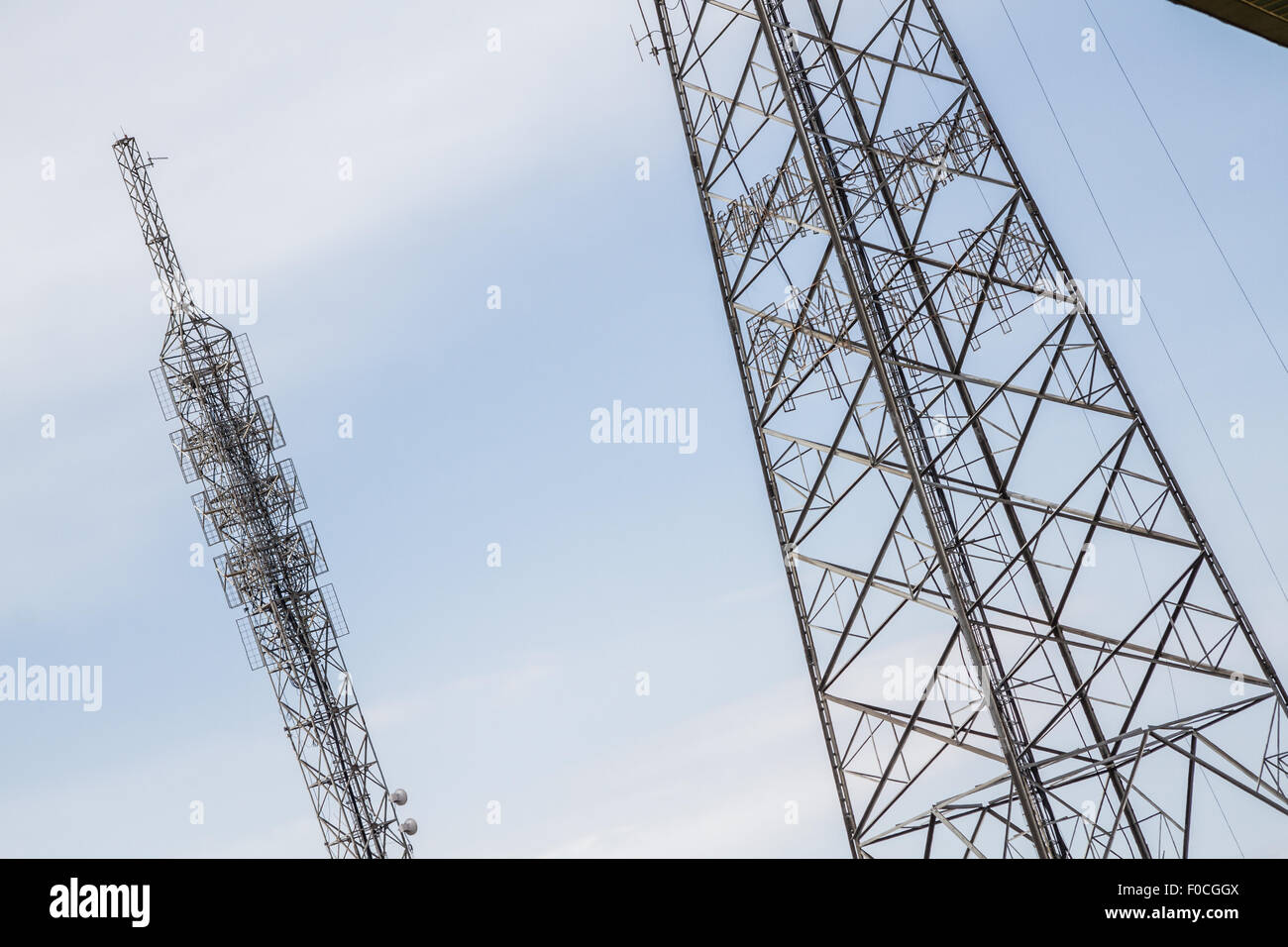 Big antenna tower of broadcasting TV and Radio with blue sky Stock ...