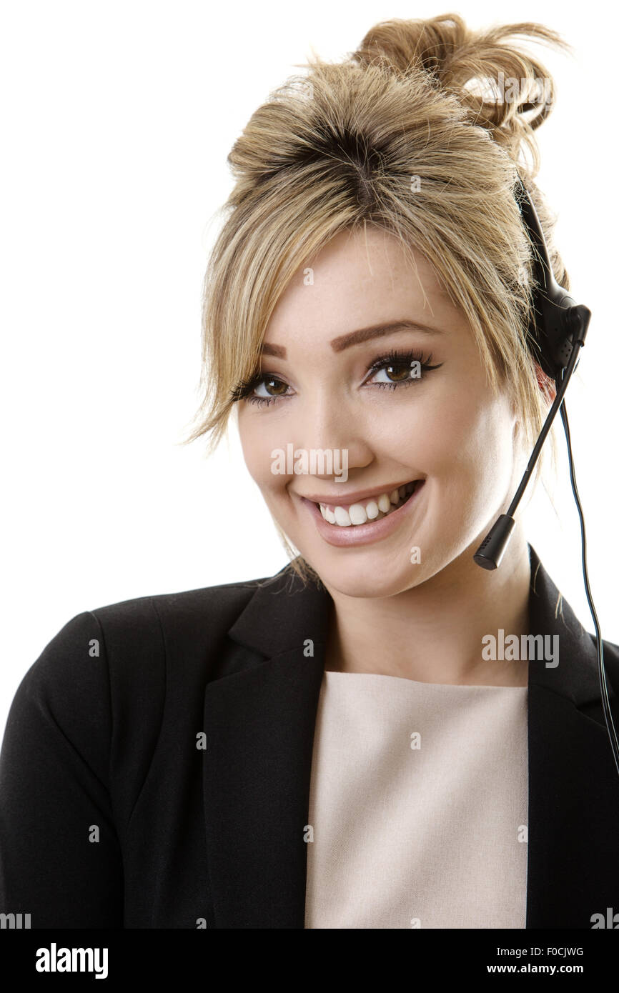 business woman wearing a headset here to take your call Stock Photo - Alamy