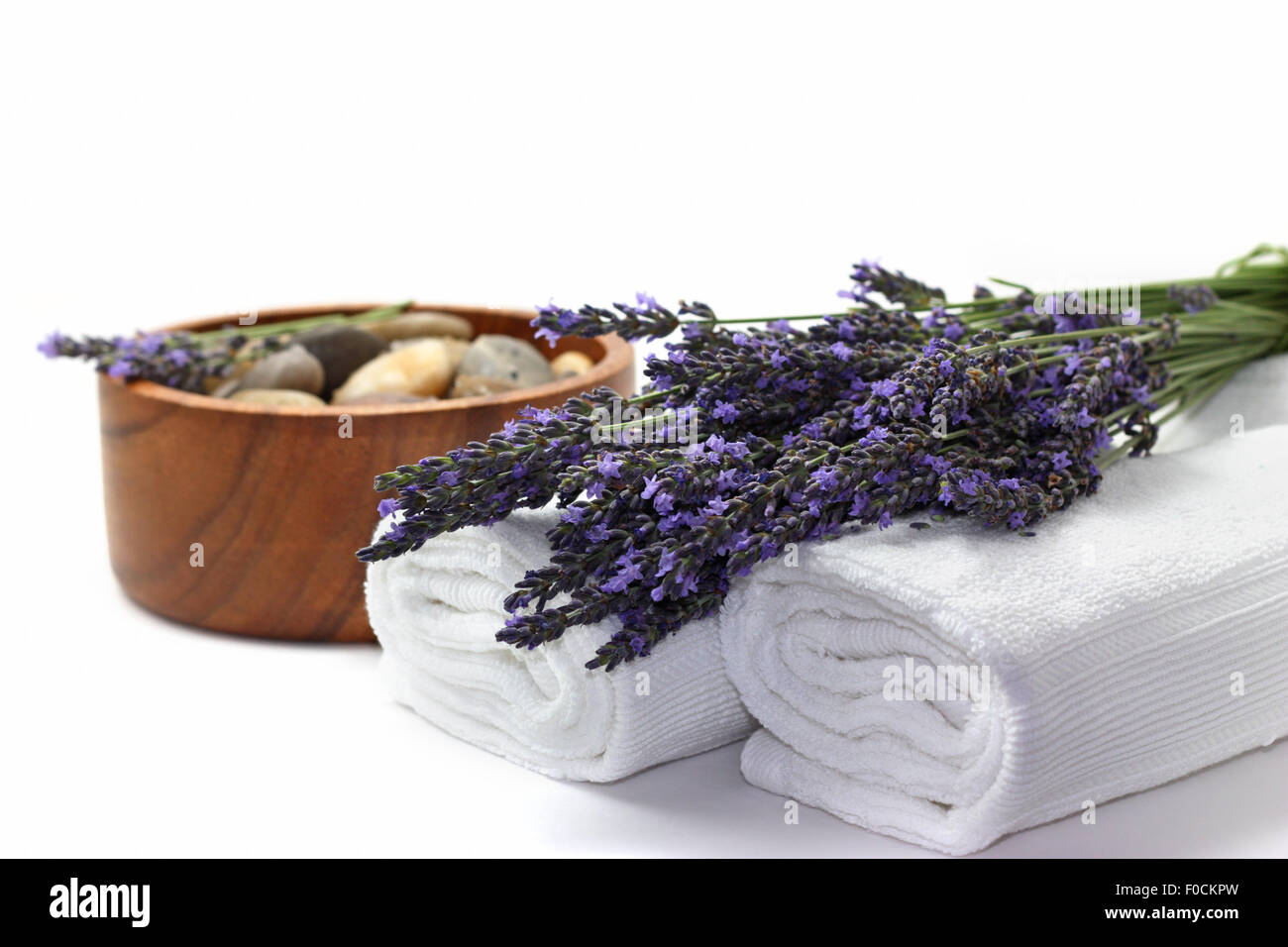 Beautiful lavender spa set on white background Stock Photo - Alamy