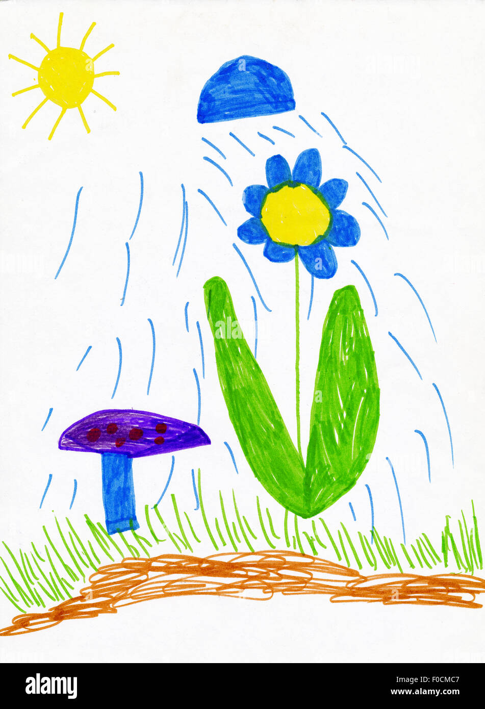 children's drawing. rain waters the flower Stock Photo - Alamy