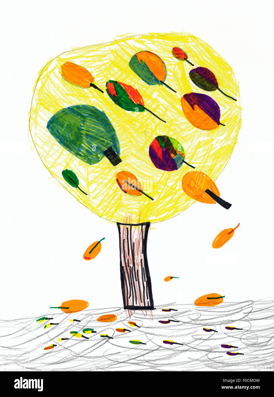 autumn tree. child's drawing on paper Stock Photo - Alamy