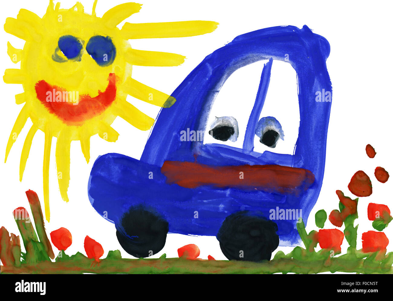 Child's drawing watercolor. Toy car on meadow and sun Stock Photo - Alamy