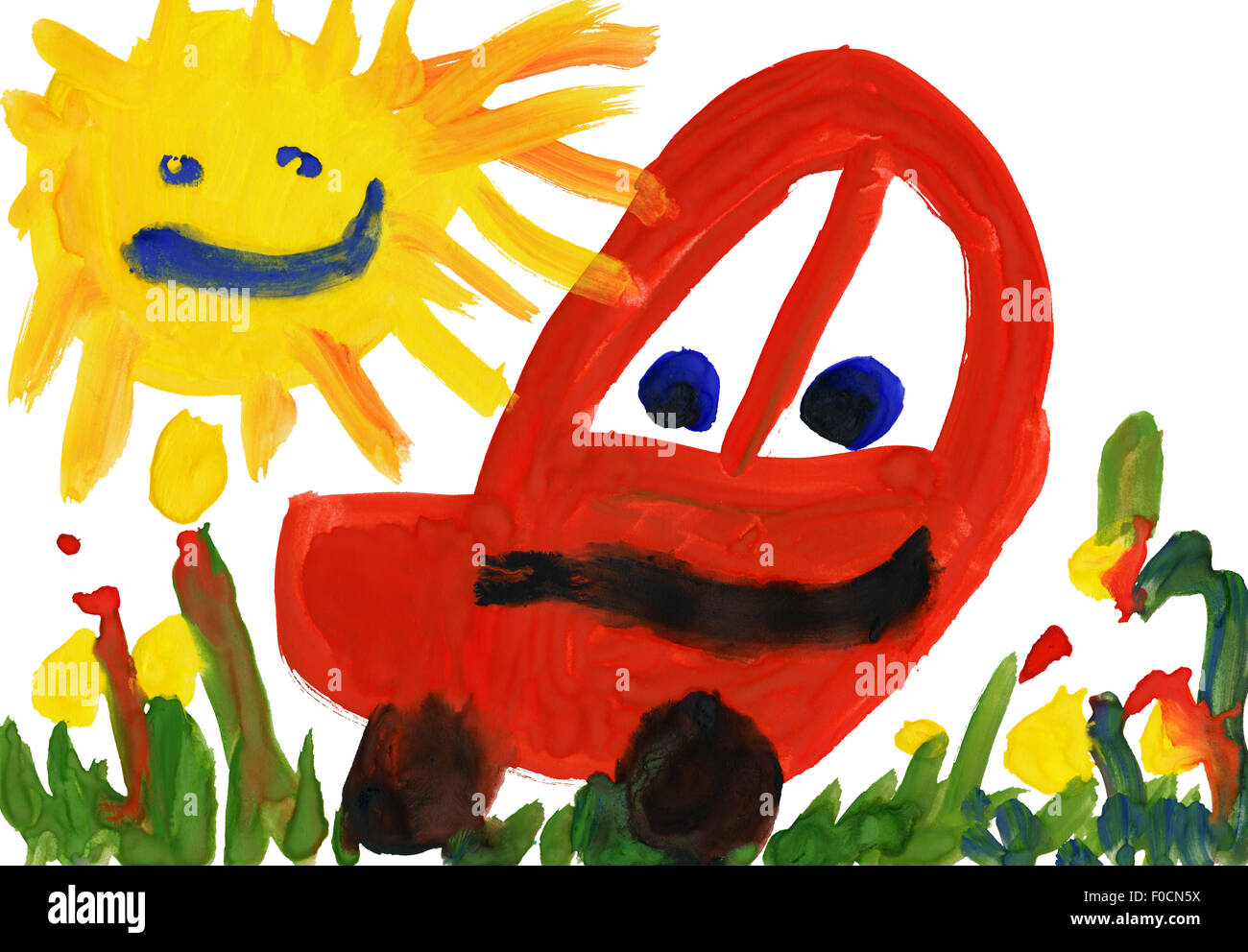 Child's drawing watercolor. Toy car on meadow and sun Stock Photo - Alamy
