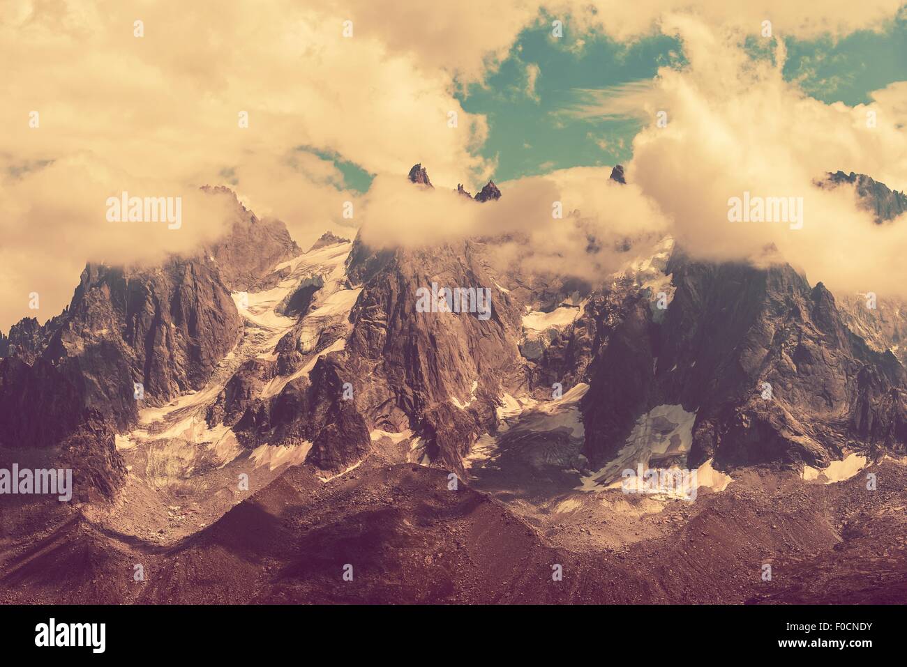 Mont Blanc Massif Scenery in Vintage Color Grading. Mont Blanc, French ...