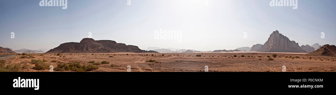 Panorama featuring the Seven Pillars of Wisdom rock formation in the ...