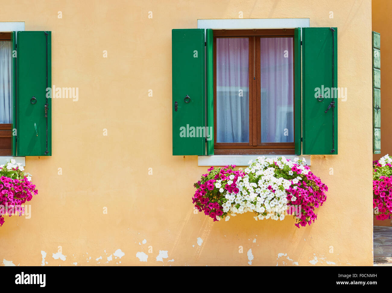 Shutters and window boxes Burano Venetian Lagoon Veneto Italy Europe ...