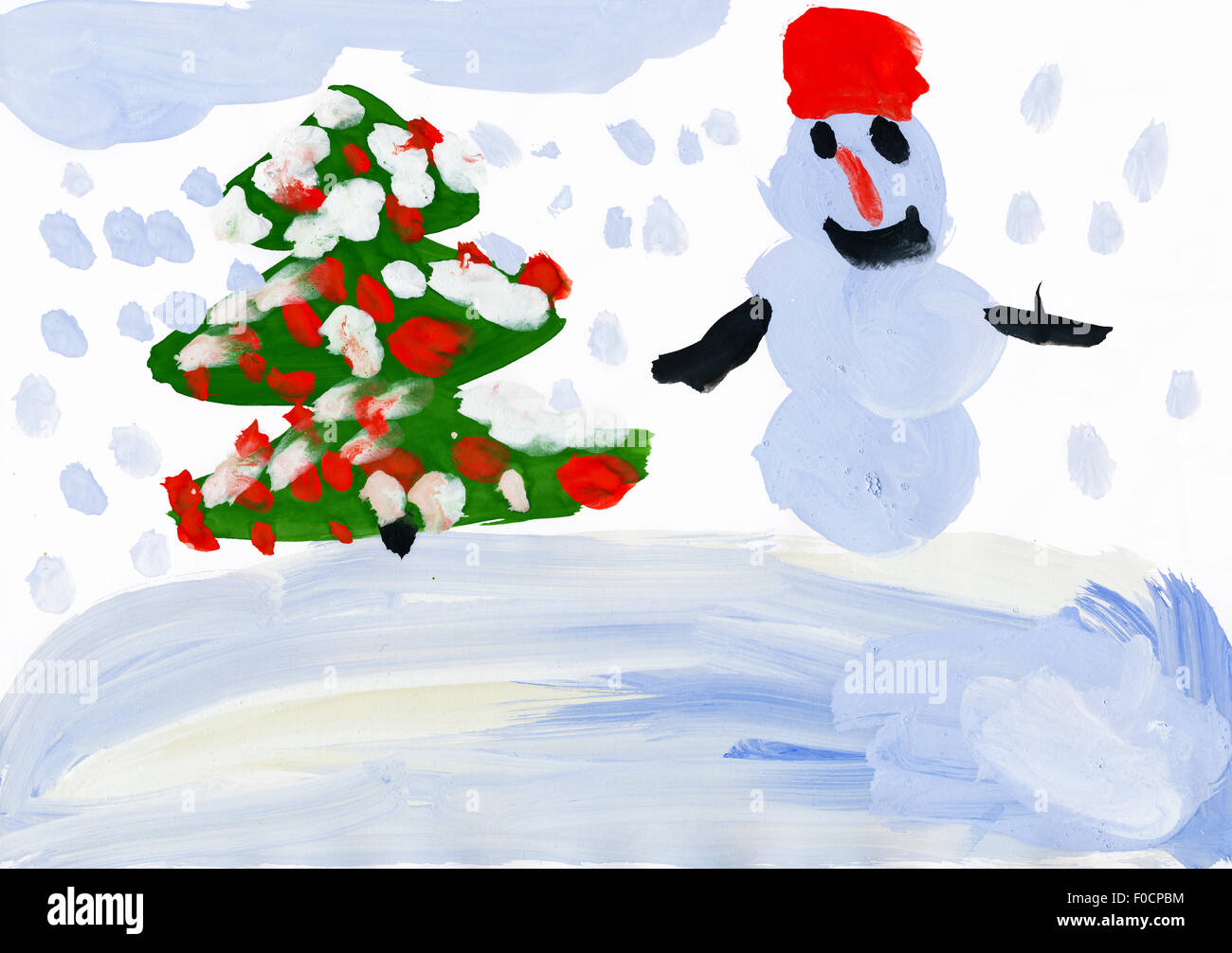 Snowman with christmas tree. Child's drawing Stock Photo - Alamy