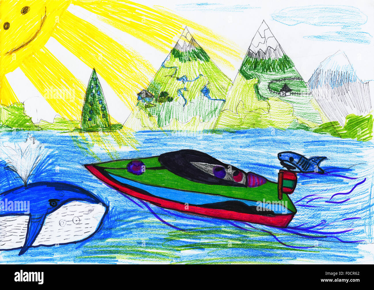 boat at sea. child's drawing Stock Photo - Alamy