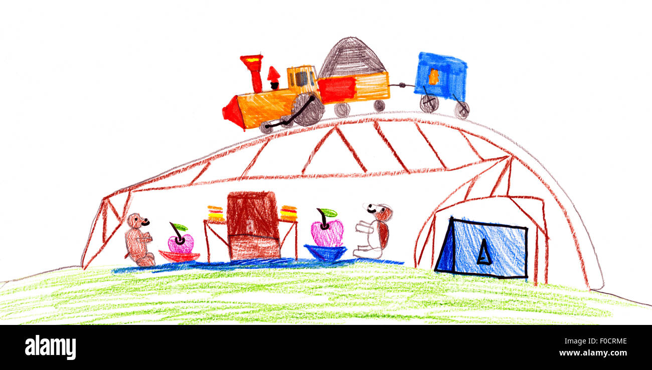 dogs camping on meadow. child drawing Stock Photo - Alamy